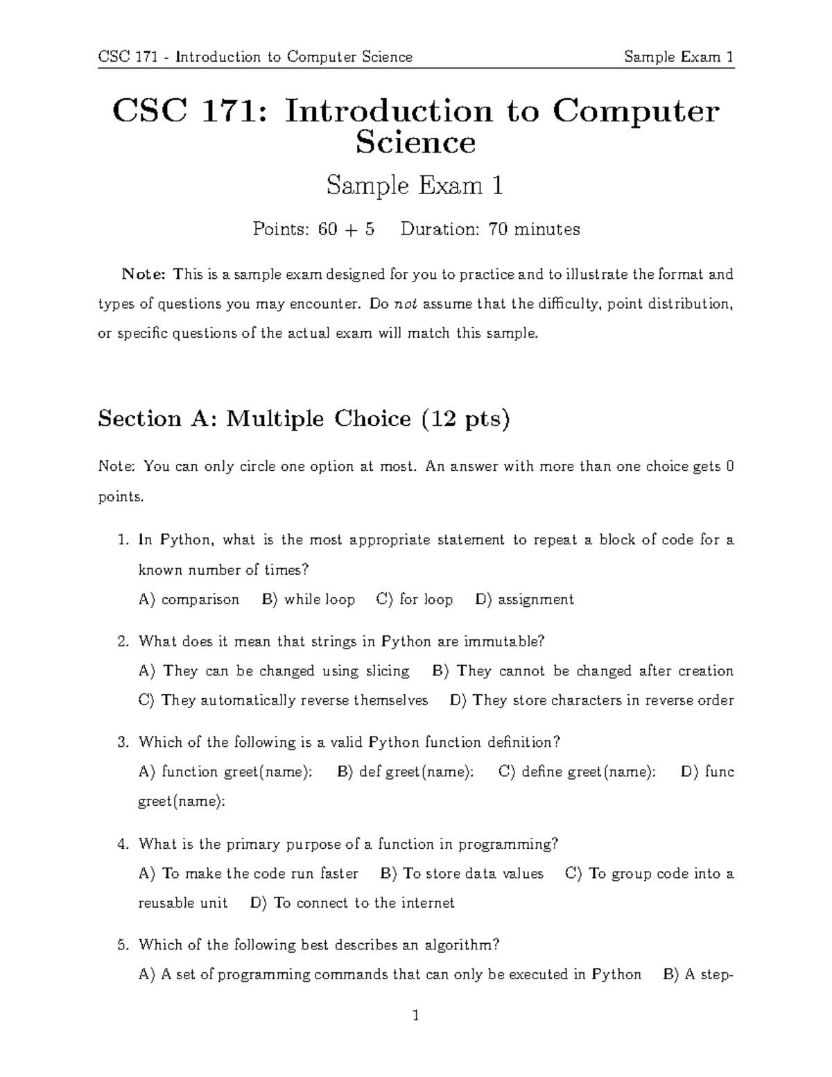 CSC 171 Sample Exam 1: Introduction to Computer Science Practice Test ...