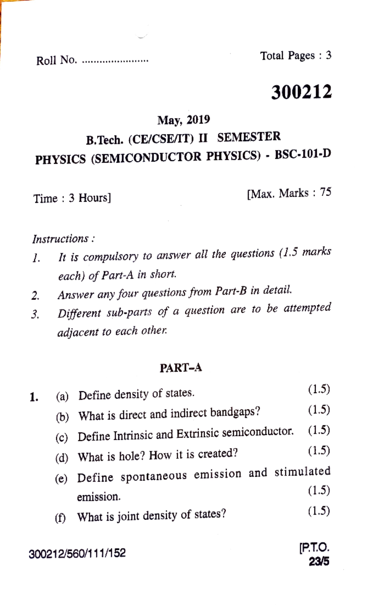 B.tech physics (semiconductor physics) (BSC-101-D) - Roll No. Total ...