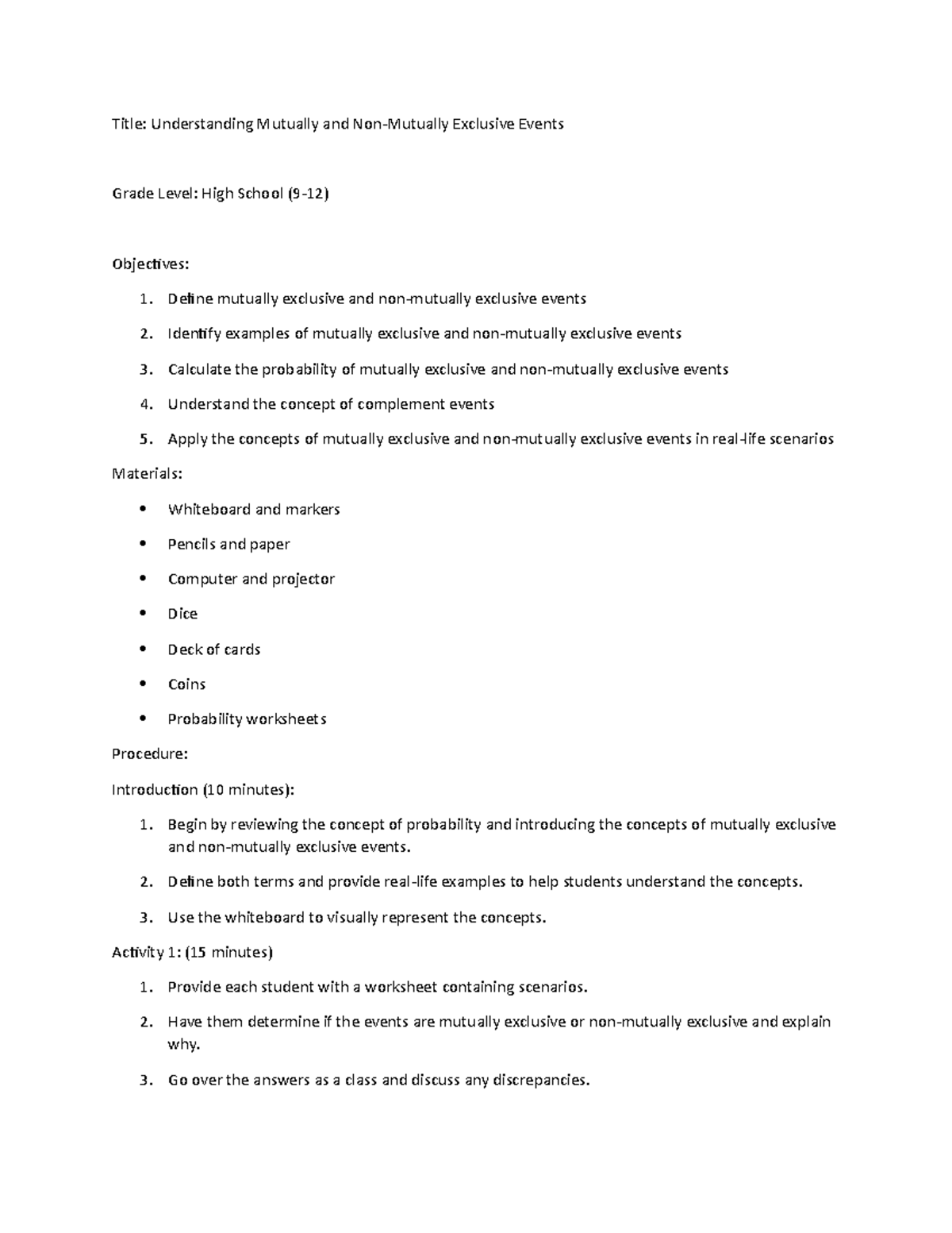 Lesson PLAN - Usefull - Title: Understanding Mutually and Non-Mutually ...