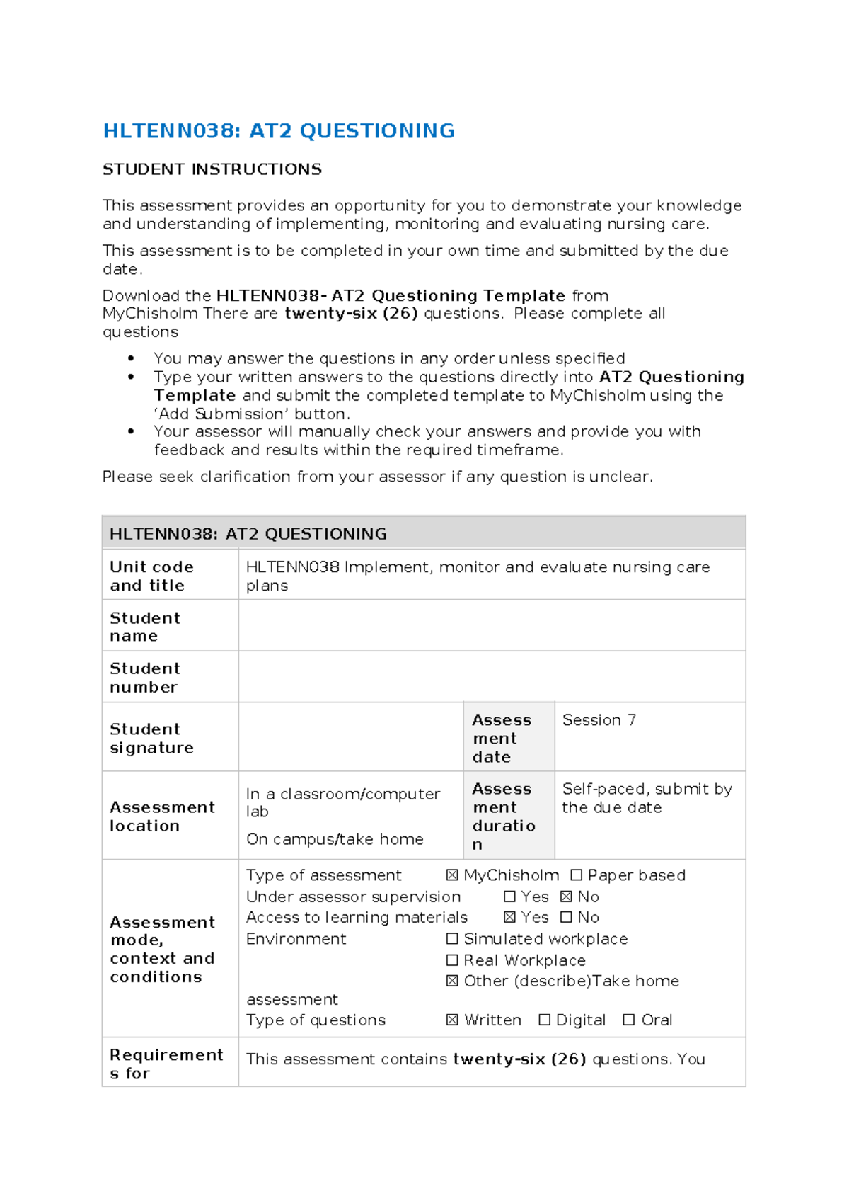 HLTENN038: AT2 Questioning Template and Assessment Guide - Studocu