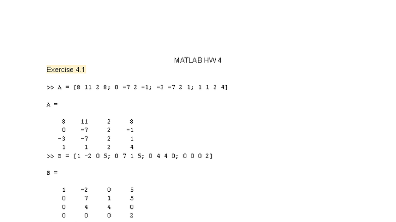 MATLAB HW 4: Exercises 4.1 to 4.6 Solutions and Analysis - Studocu