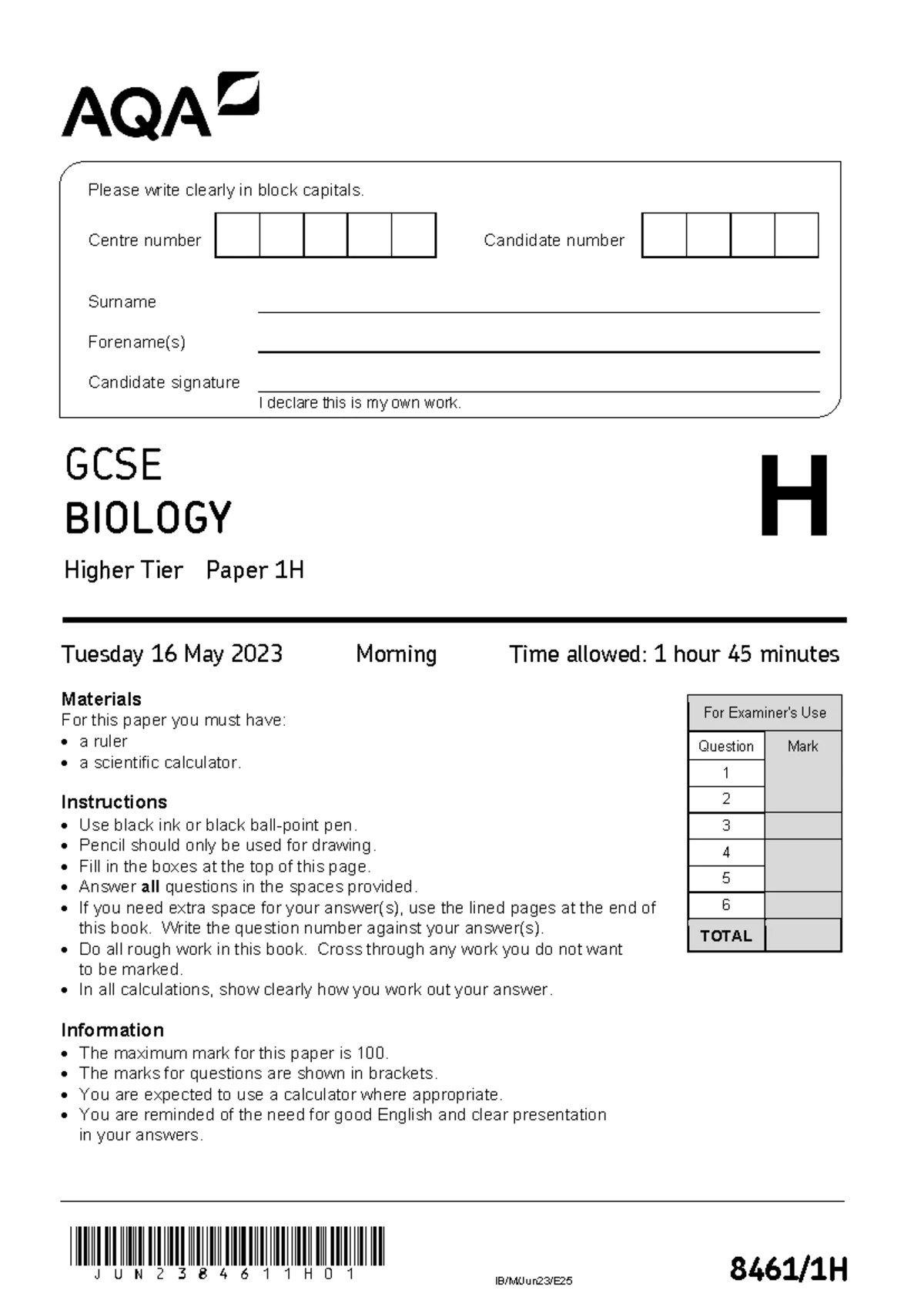 AQA-8464 Biology Paper 1 Higher Mark Scheme (June 2024) - Studocu
