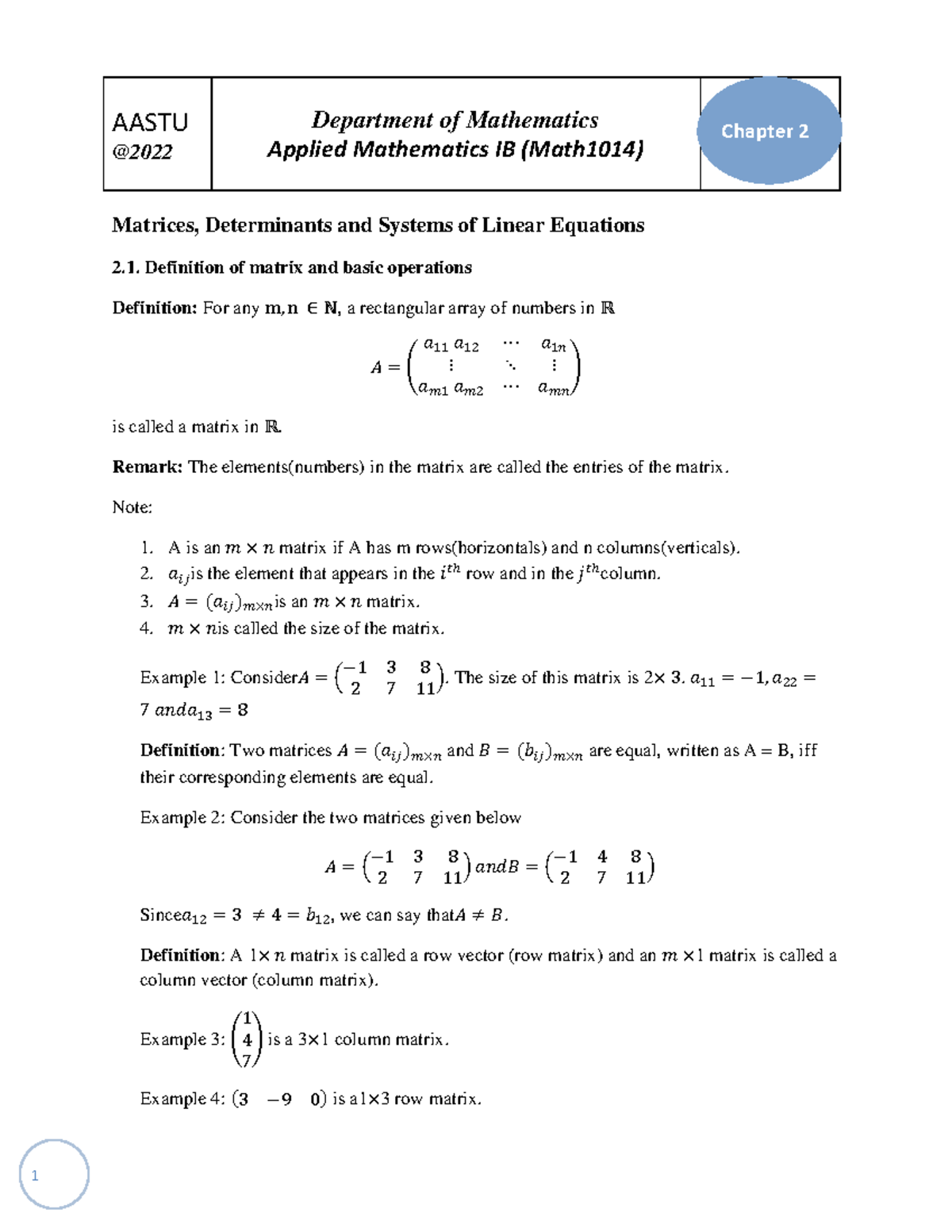 Math1014 - Lecture Notes on Chapter 2: Matrices and Determinants - Studocu