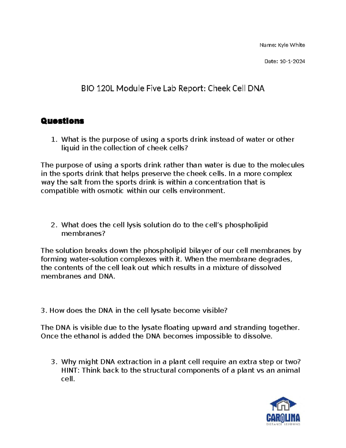 BIO Lab 5-1 Cheek Cell - bio lab - Name: Kyle White Date: 10-1- BIO ...
