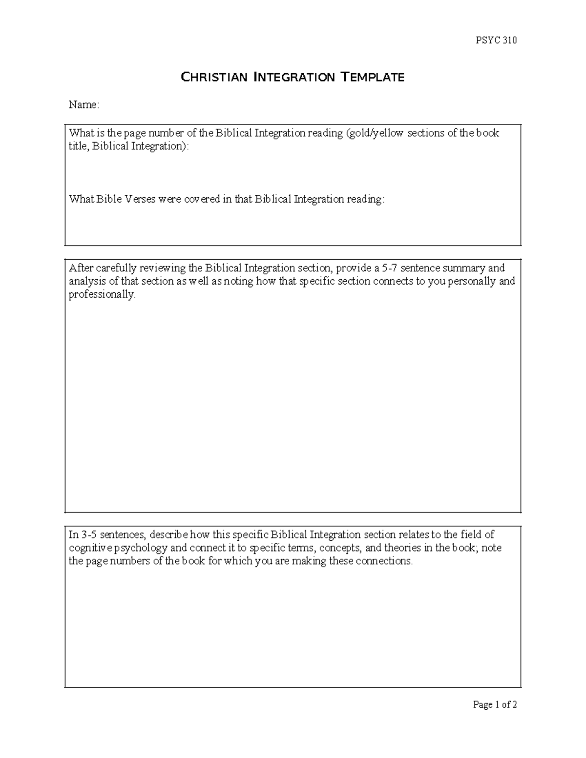PSYC310 - Christian Integration Template & Analysis Guide - Studocu