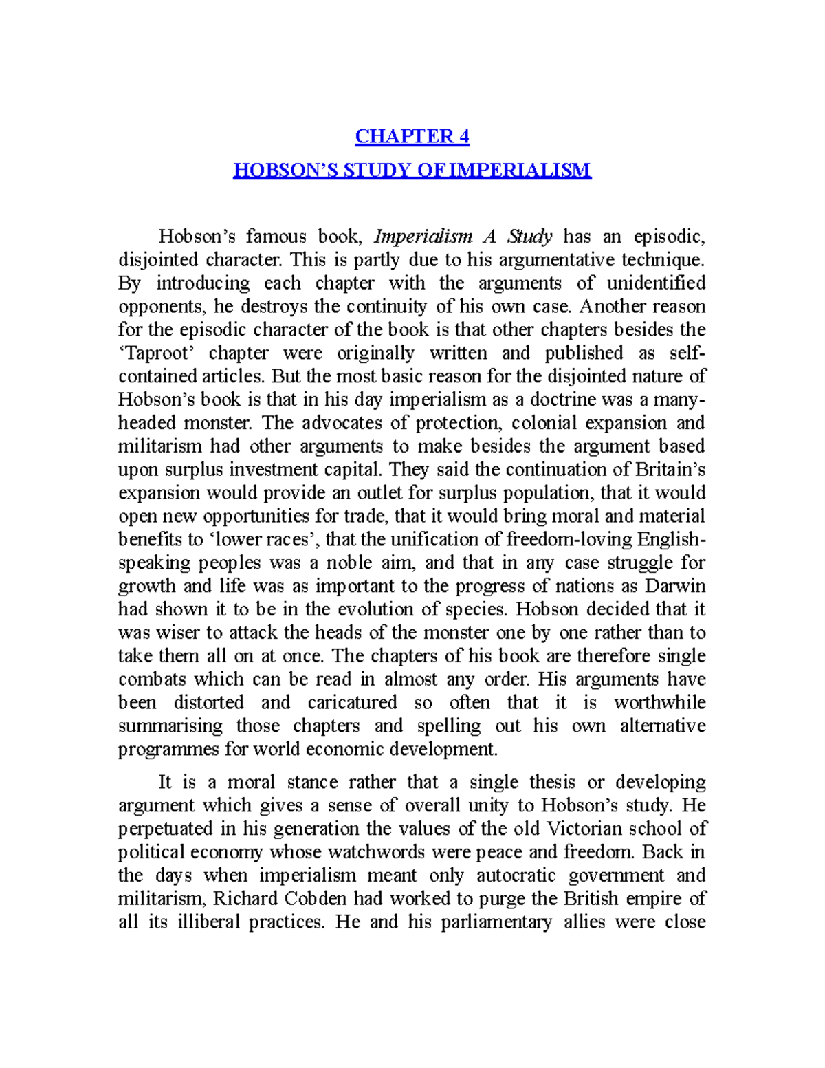CHAPTER 4 & 5 ANALYSIS OF IMPERIALISM IN HOBSON'S WORK - Studocu