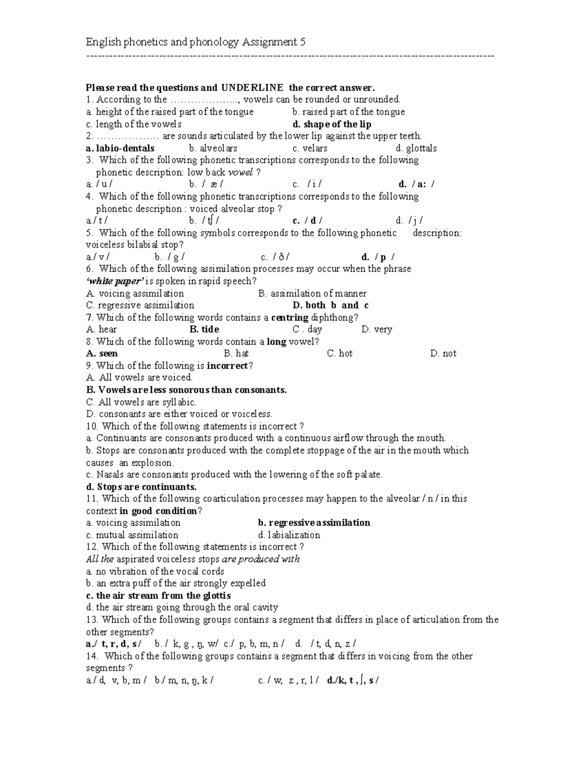 English Phonetics and Phonology Assignment 5 - Answers and Analysis ...