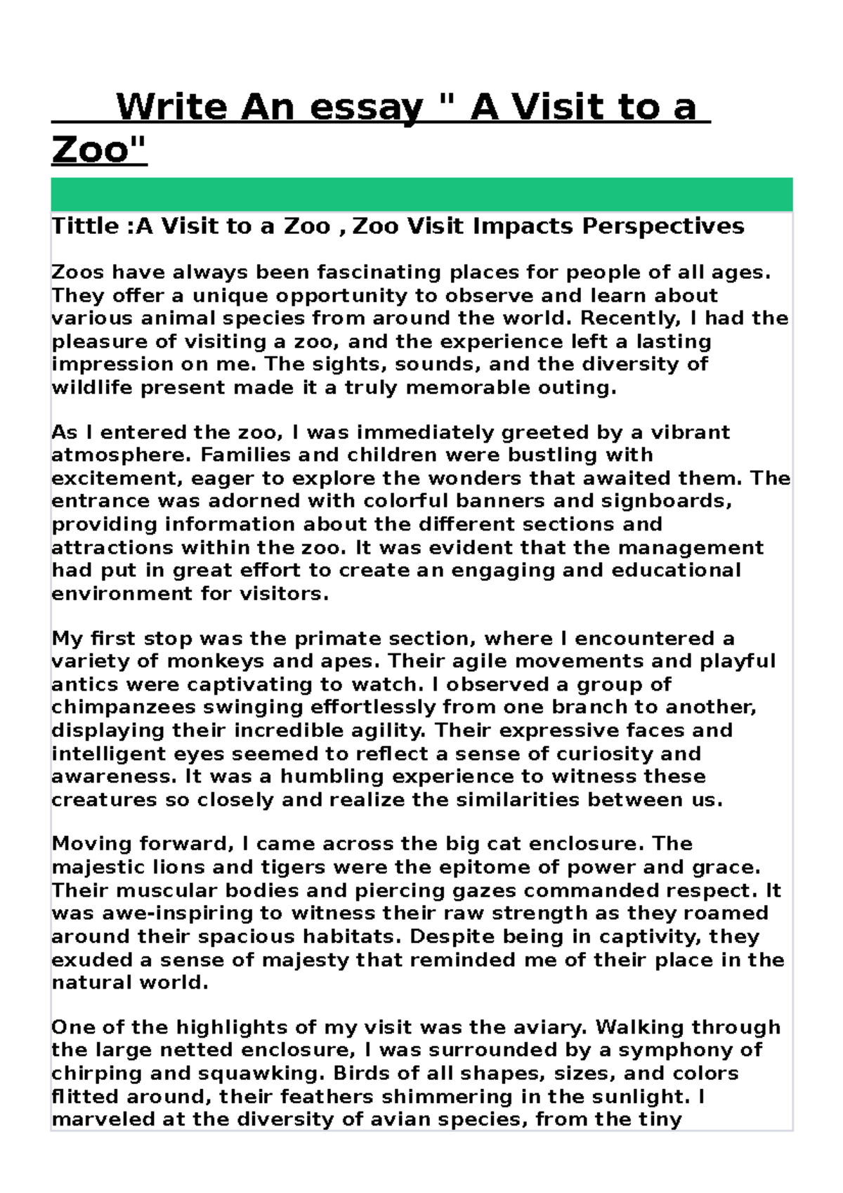A Visit To A Zoo , Zoo Visit ,Zoo Trip - Write An essay " A Visit to a ...