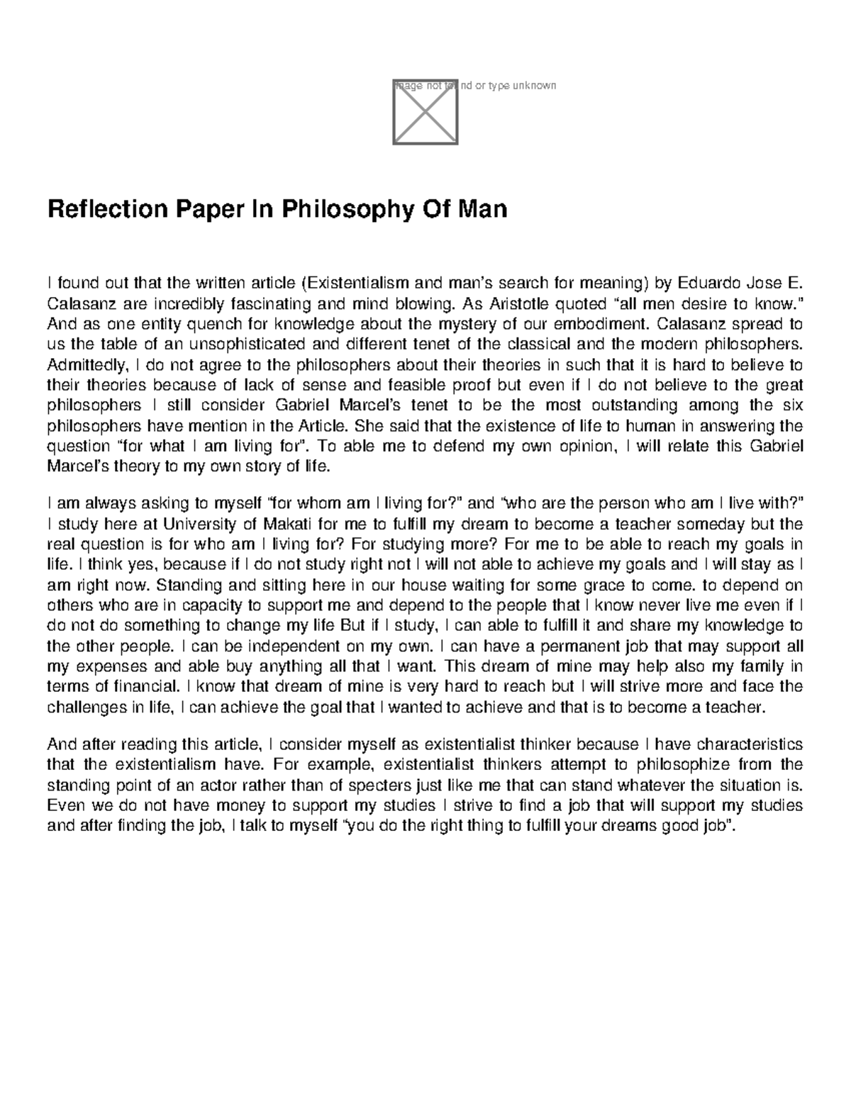 Reflection Paper: Existentialism and Love in Philosophy (Philosophy 101 ...