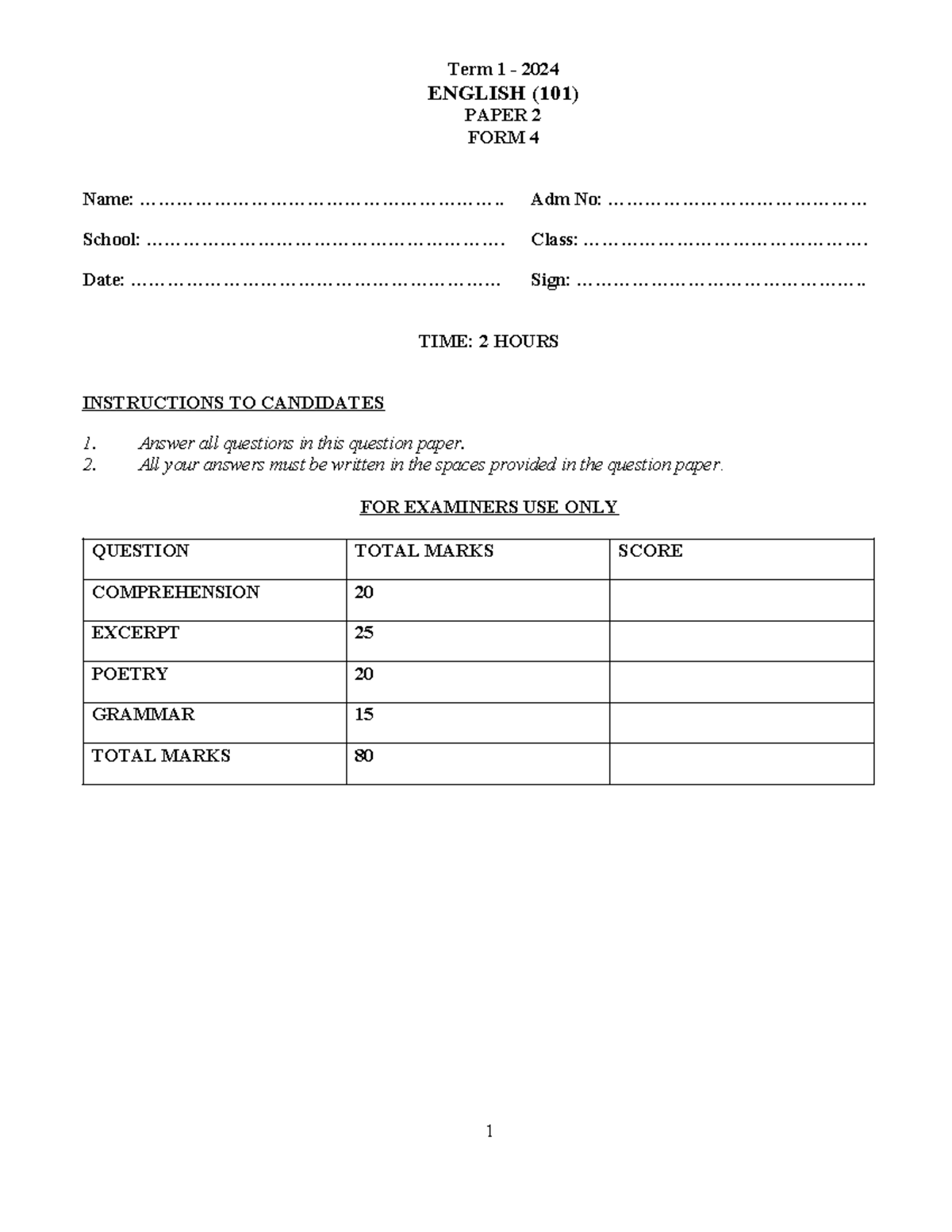 Form 4 English - 101 - Paper 2 - Term 1 - 2024 Question Paper - Studocu