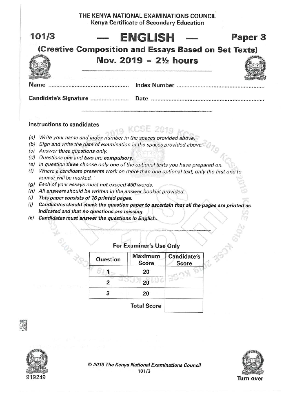 2019 KCSE English Paper 3: Creative Composition & Essays - Studocu