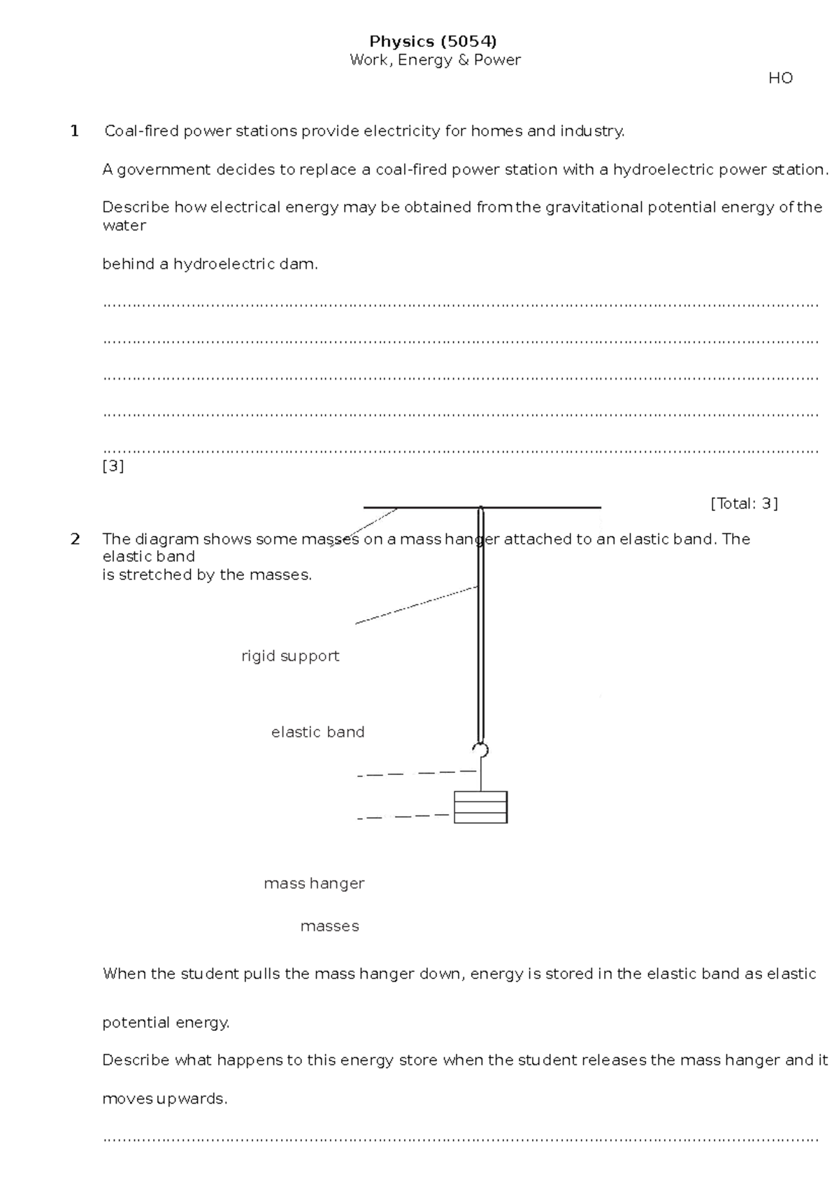 Work, Energy & Power Worksheet - Physics (5054) HO - Studocu