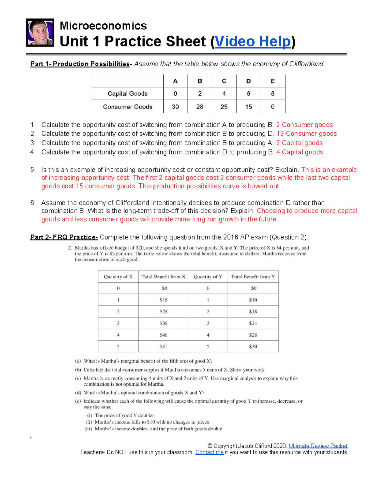 Microeconomics Unit 1 Practice Sheet Answers: Opportunity Costs ...