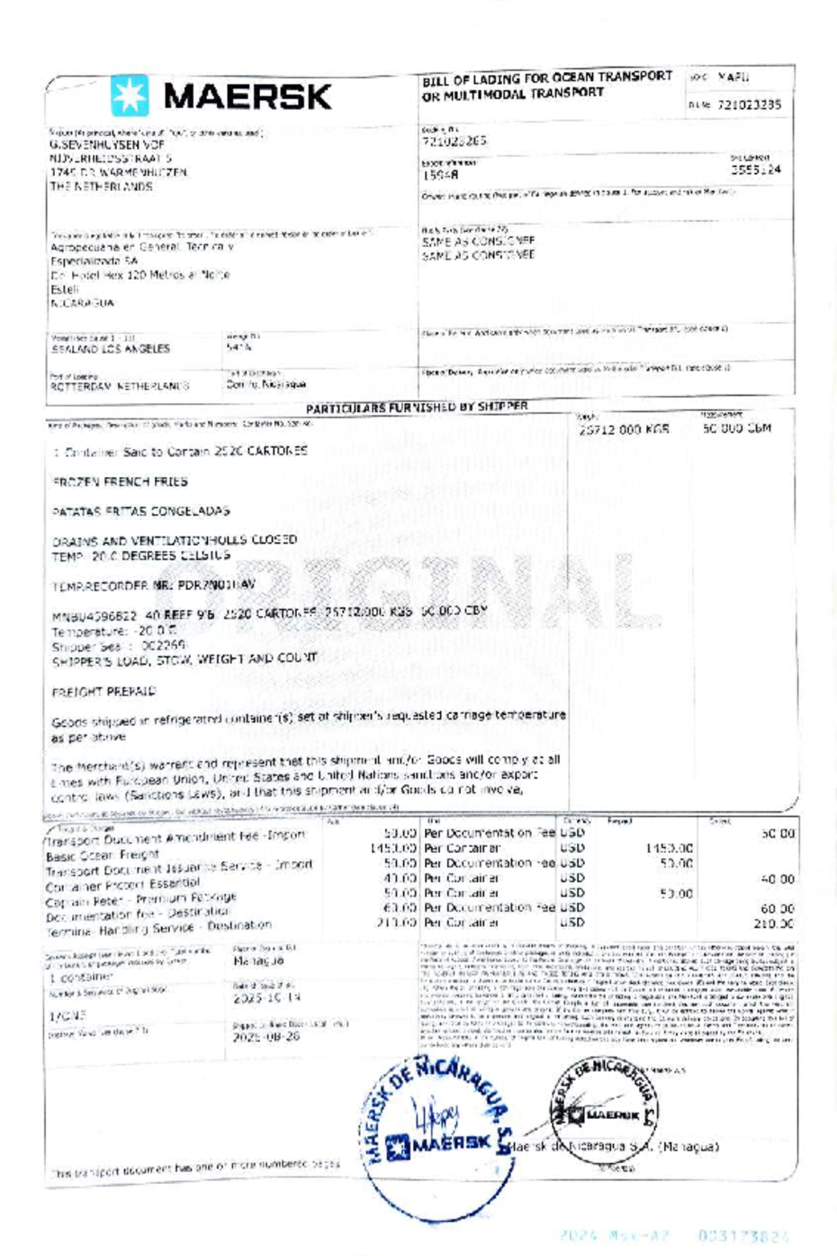 EK MAERSK Bill of Lading for Ocean Transport - Voyage 541N - Studocu