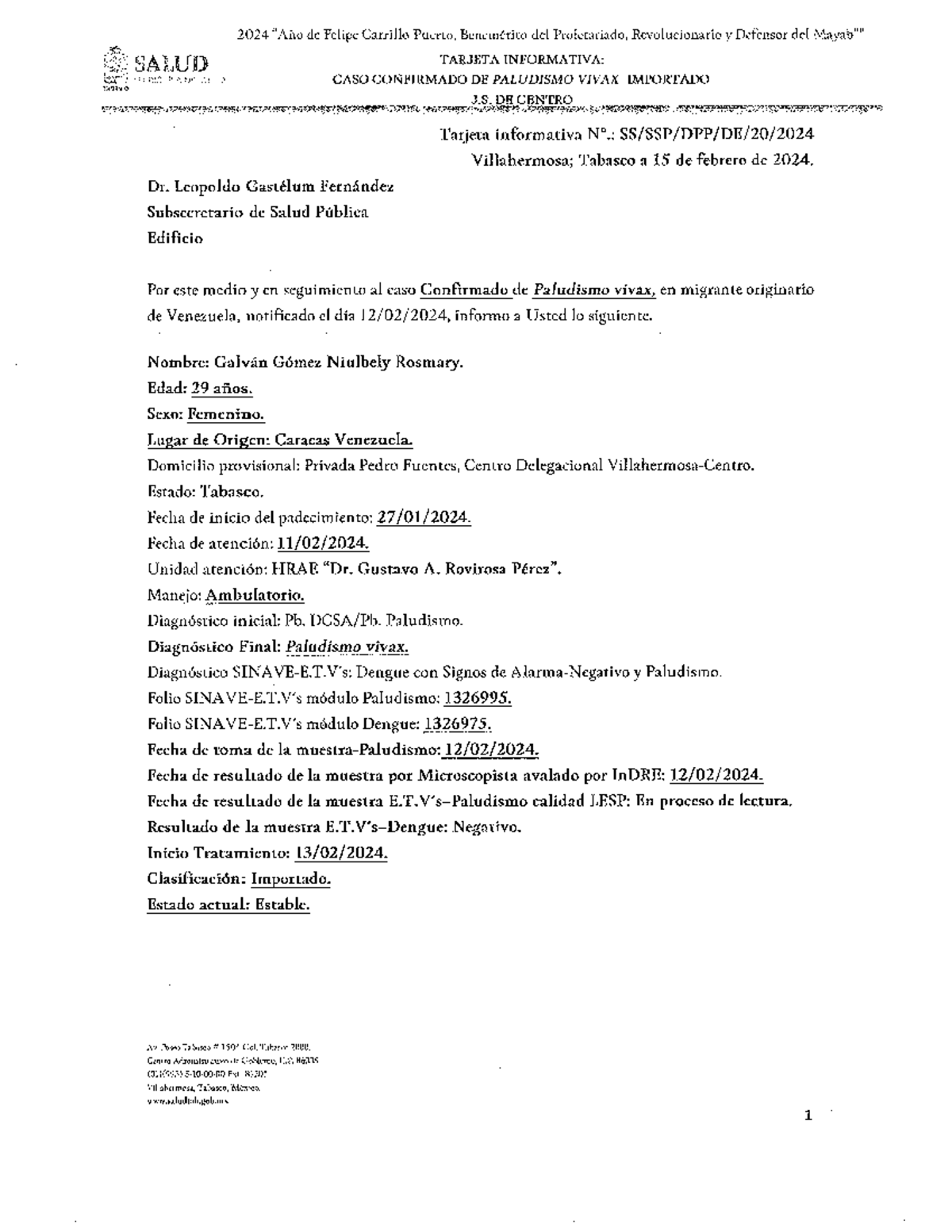 Tarjeta Informativa: Caso Confirmado de Paludismo Importado en Tabasco ...