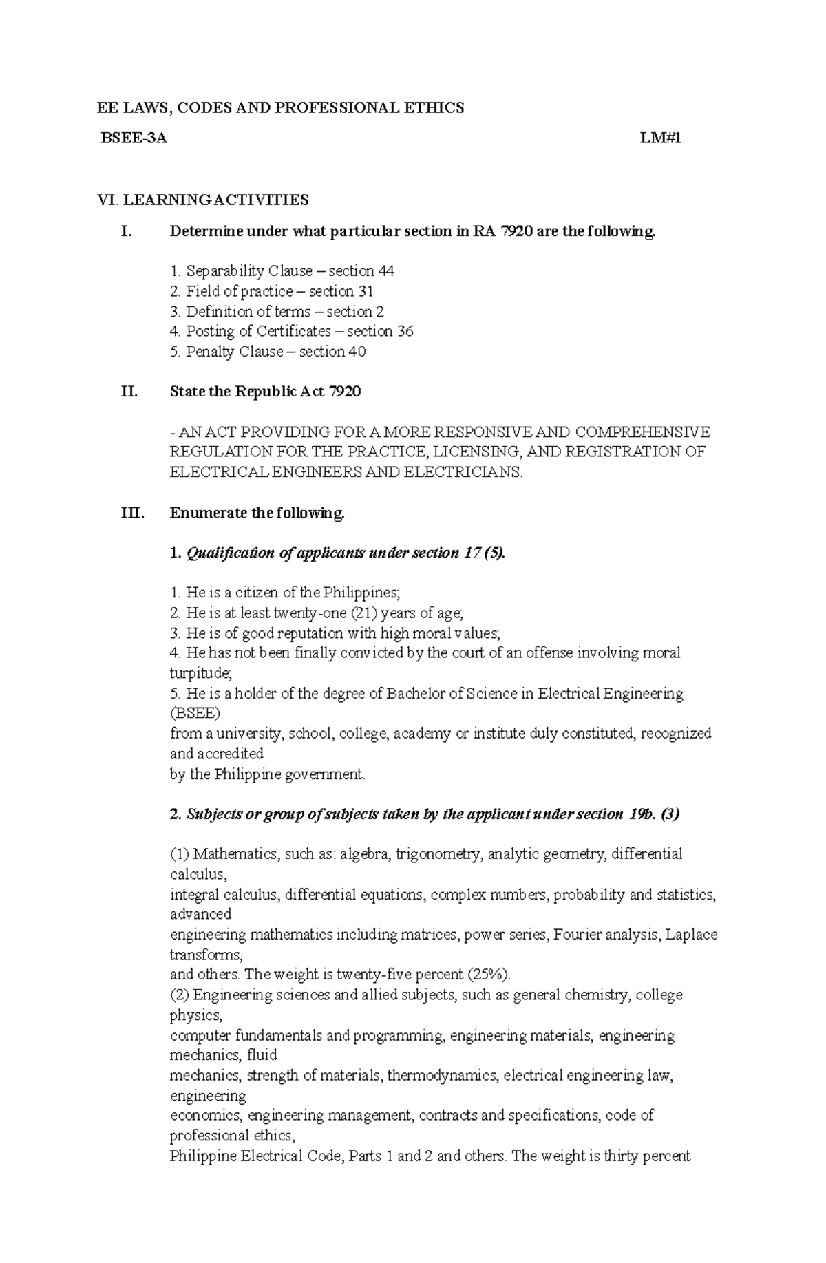 LM1-EE LAWS CODE AND Professional Ethics - EE LAWS, CODES AND ...