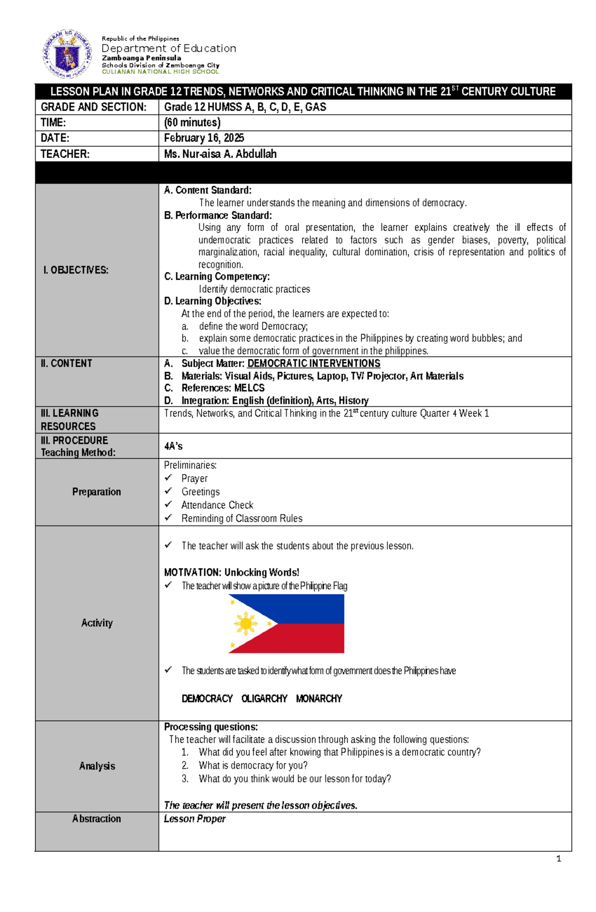 Grade 12 TNCT - Lesson Plan on Democracy in 21st Century Culture - Studocu