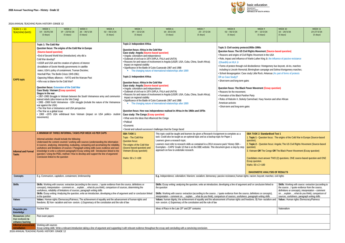 2026 Annual Teaching Plan: History Grade 12 - Term 1 Overview - Studocu