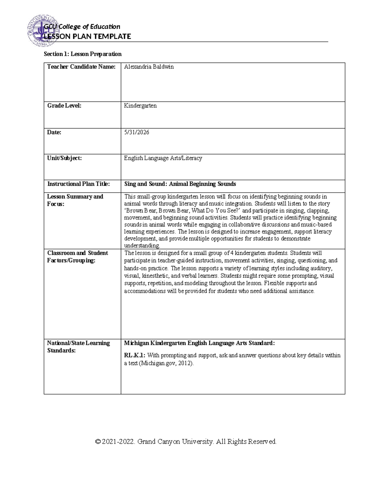 GCU ECE 450 T5 Lesson Plan: Animal Beginning Sounds with Music - Studocu