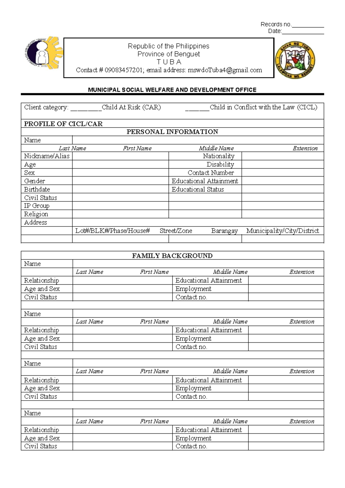 Intake Sheet for At Risk Clients (CICL-CAR) in Benguet - Studocu