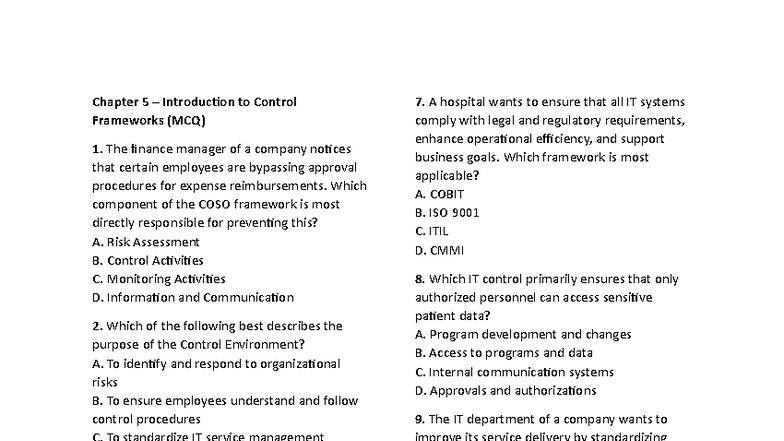Chapter 5: Control Frameworks MCQ Review (MCQ) - Studocu