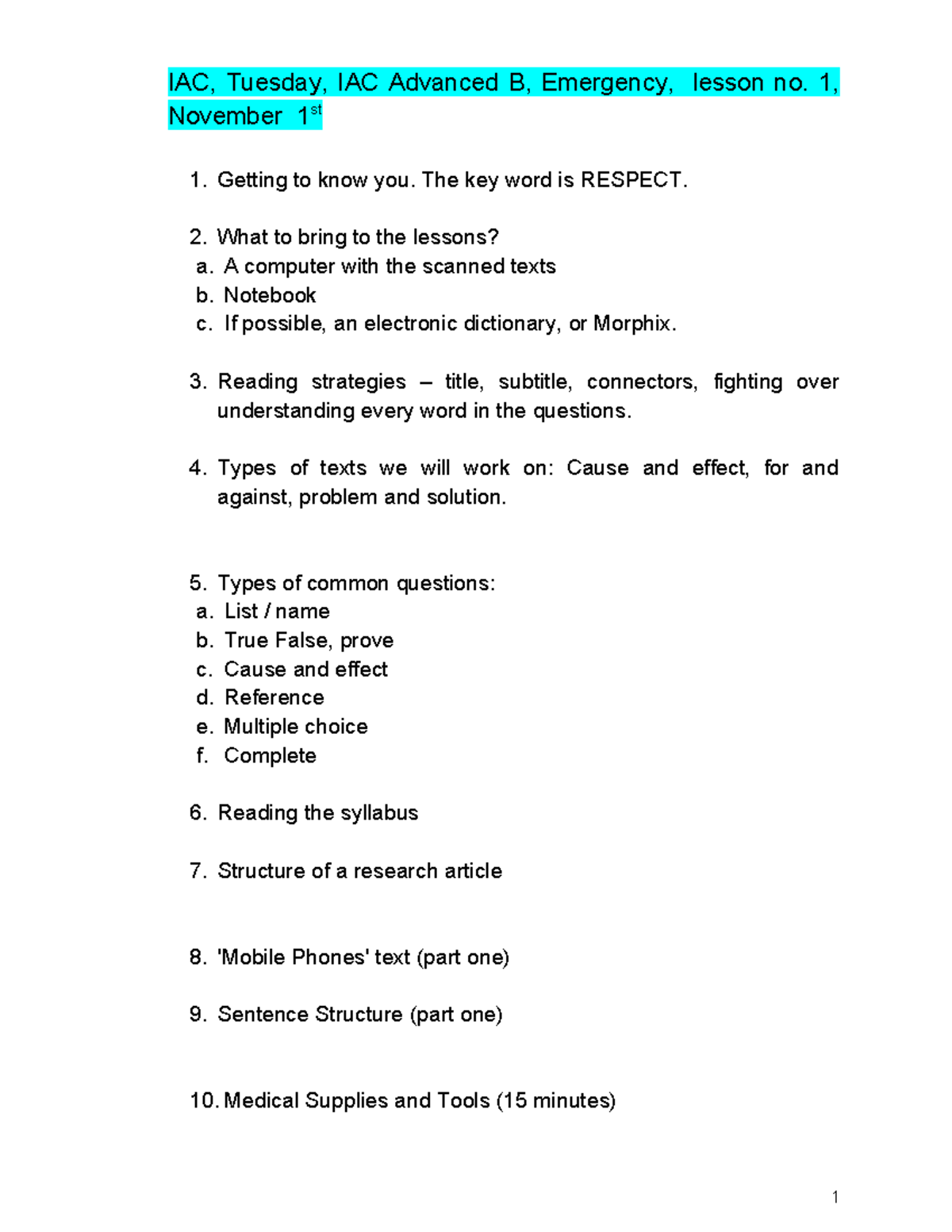 IAC Advanced B Emergency Lesson Plan No. 8 - December 20 - Studocu