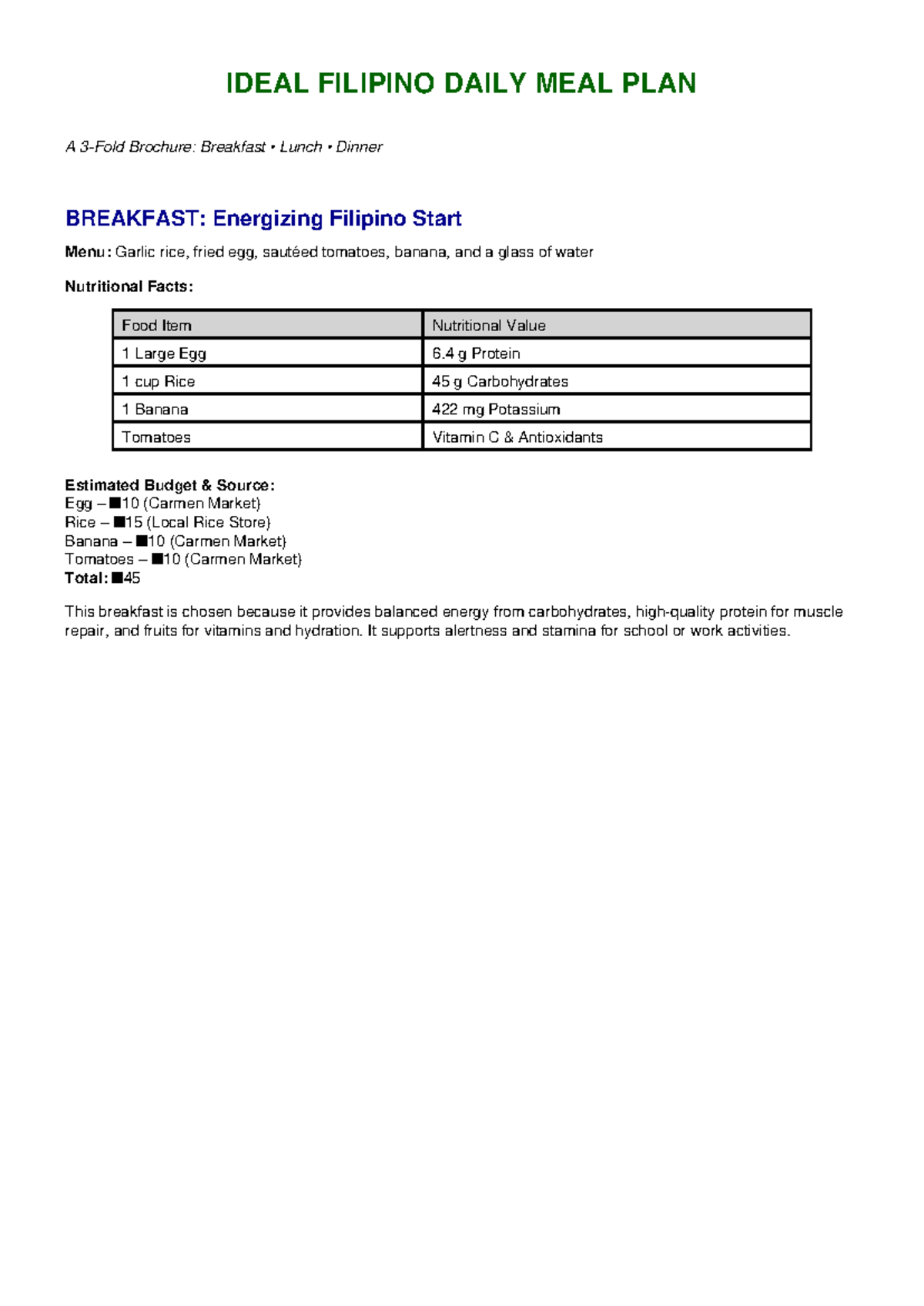 Ideal Filipino Daily Meal Plan Brochure: Breakfast, Lunch, Dinner - Studocu