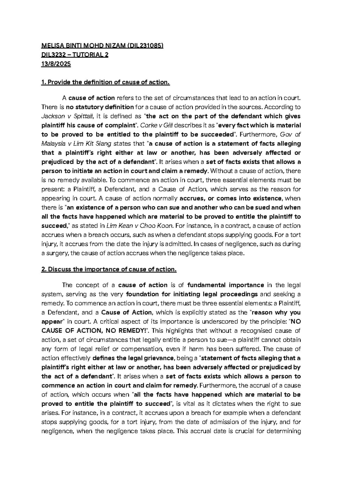 DIL3232 Tutorial 2: Understanding Cause of Action and Its Importance ...