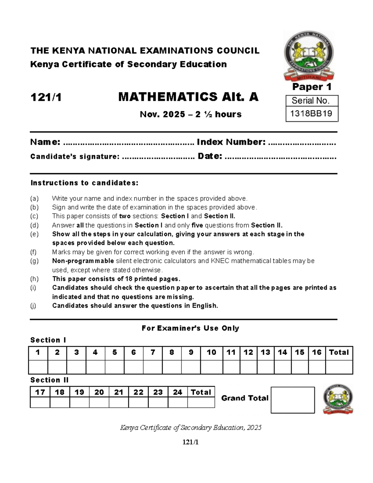 KCSE Mathematics Paper 1 2025 - Exam Questions and Instructions - Studocu