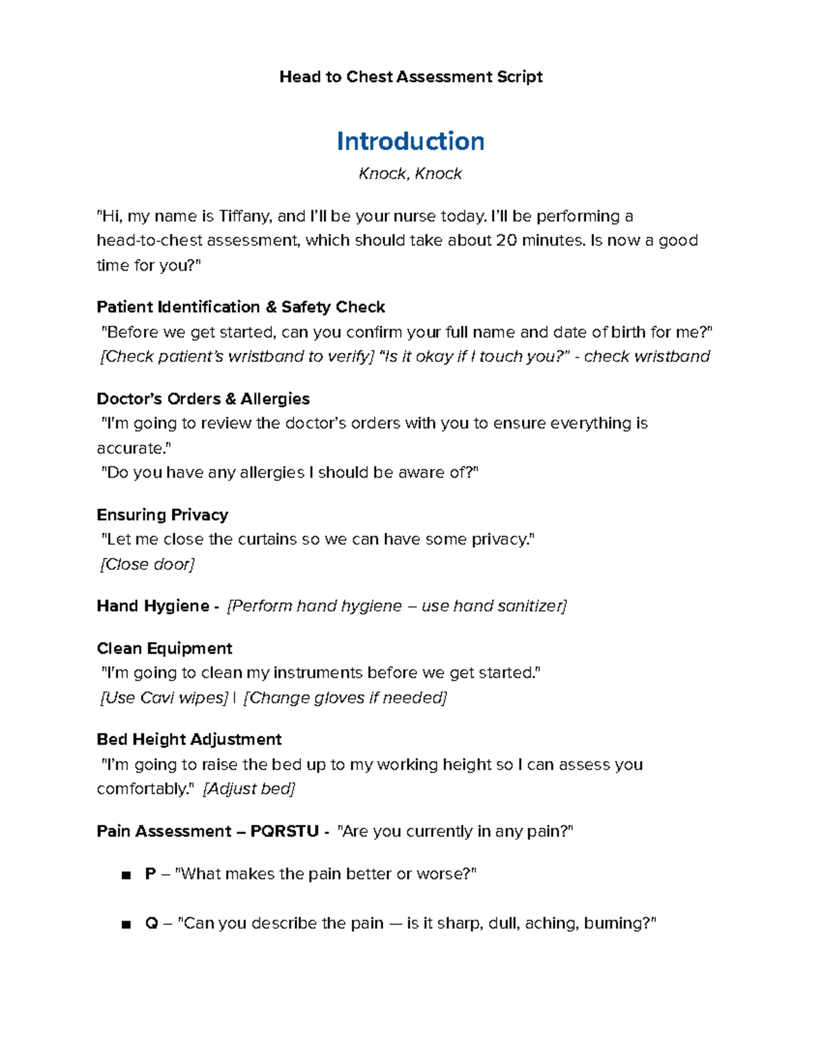 Head to Chest Assessment Script for Nursing Practice - Studocu