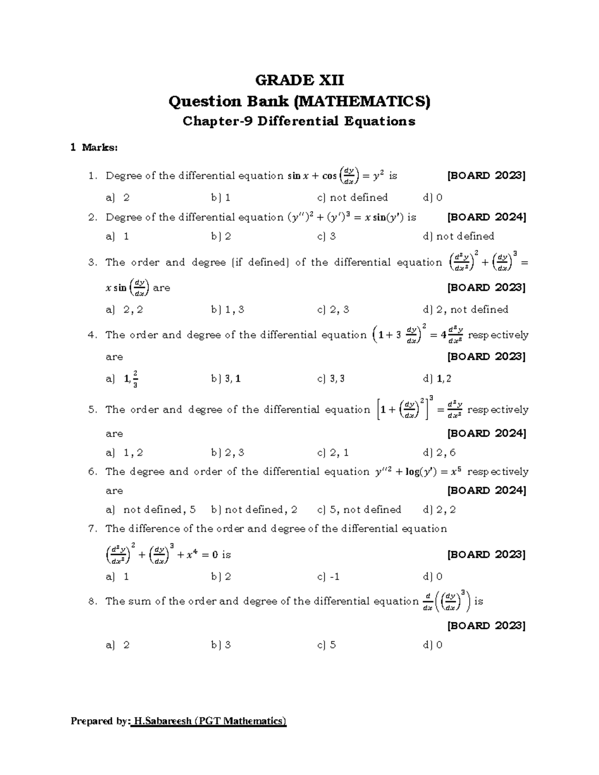 GRADE XII Question Bank (MATHEMATICS) - Chapter 9 Differential ...