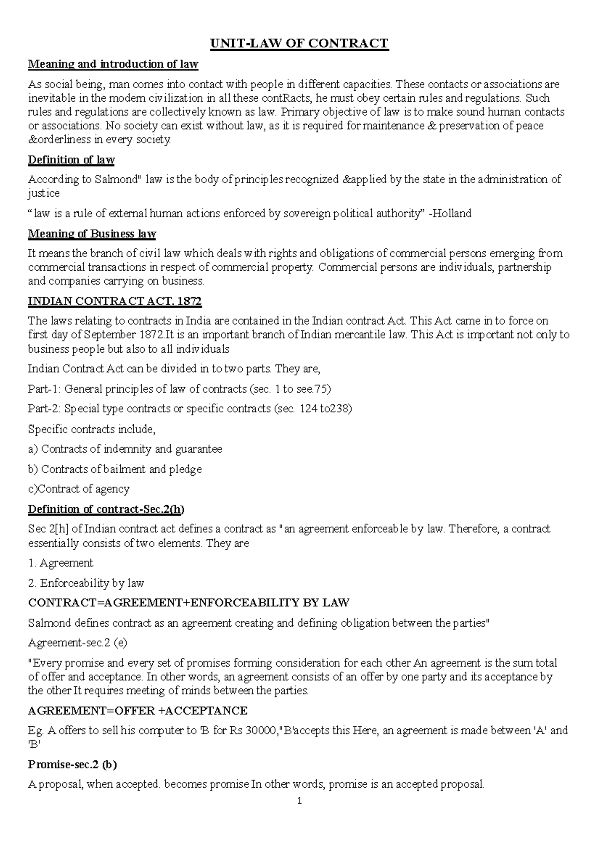 UNIT 1 LAW OF Contract - Short answer - UNIT-LAW OF CONTRACT Meaning ...