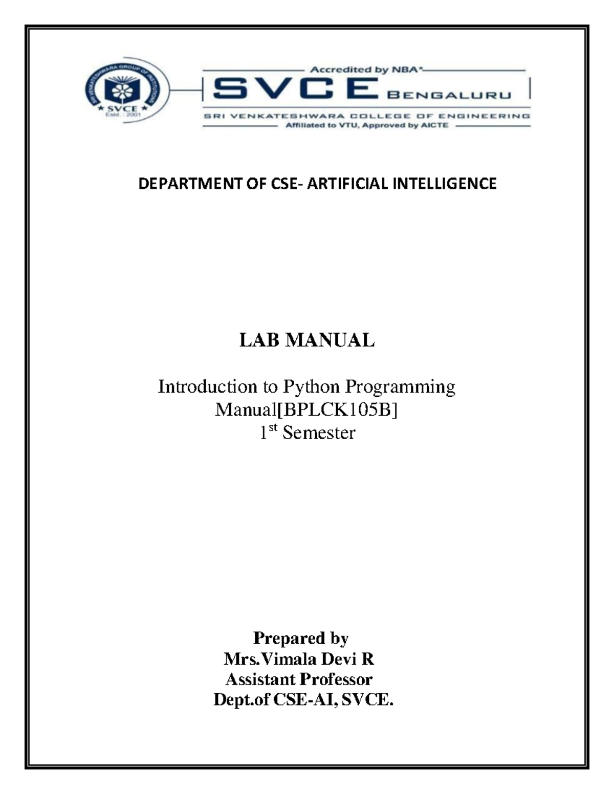 Python lab manual - DEPARTMENT OF CSE- ARTIFICIAL INTELLIGENCE LAB ...