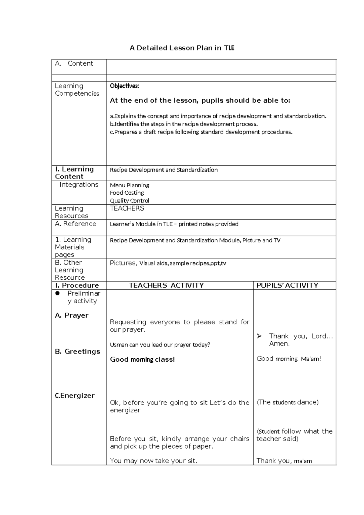 TLE Lesson Plan: Recipe Development & Standardization Techniques - Studocu