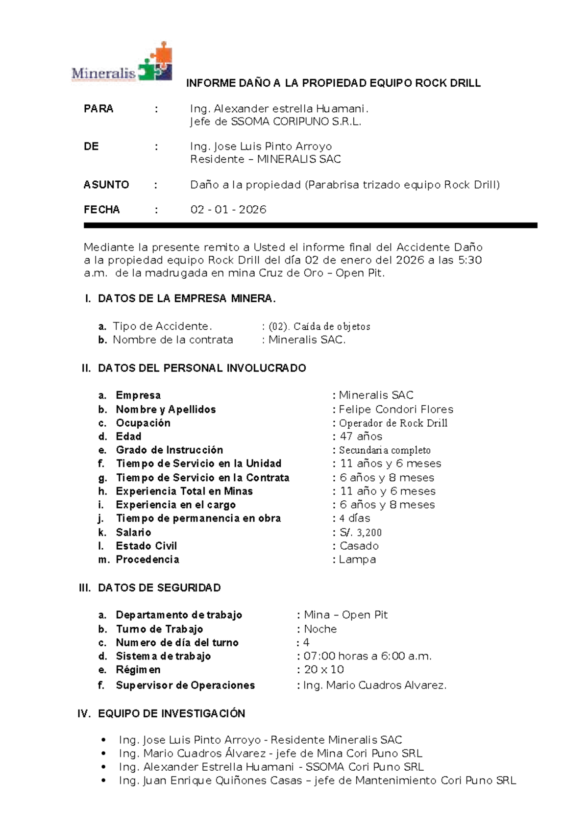 Informe de Daño a la Propiedad del Equipo Rock Drill - 02/01/2026 - Studocu