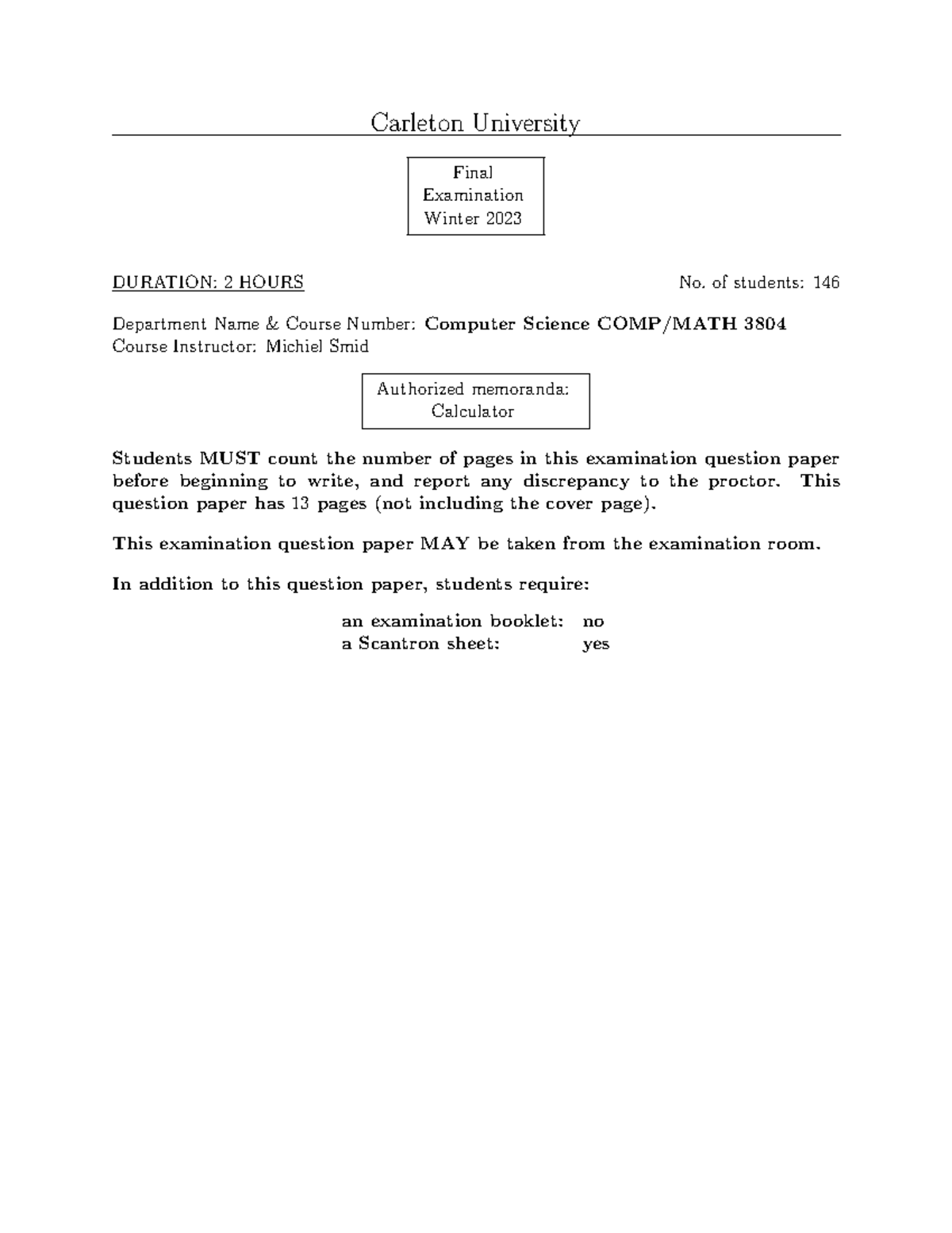 Computer Science 3804 Final Exam Winter 2023 - 2 Hours - Studocu