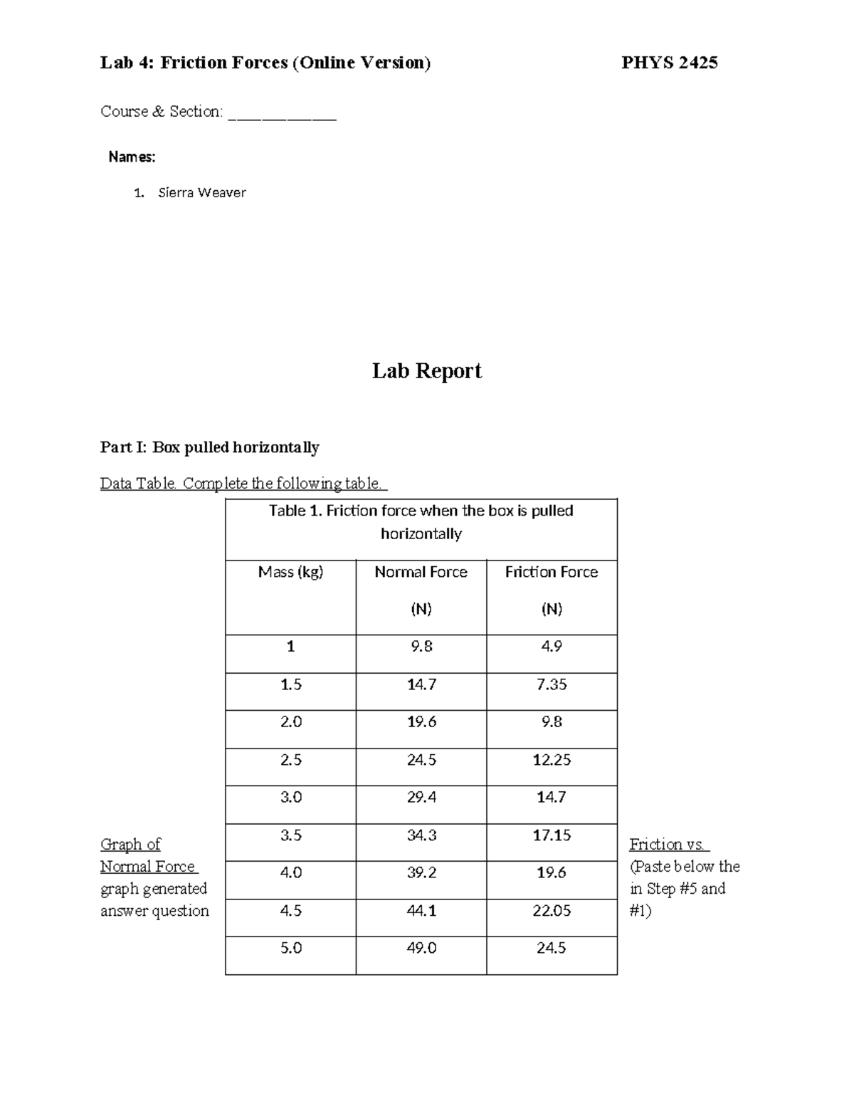 Lab 4: Friction Forces Analysis - PHYS 2425 Lab Report - Studocu
