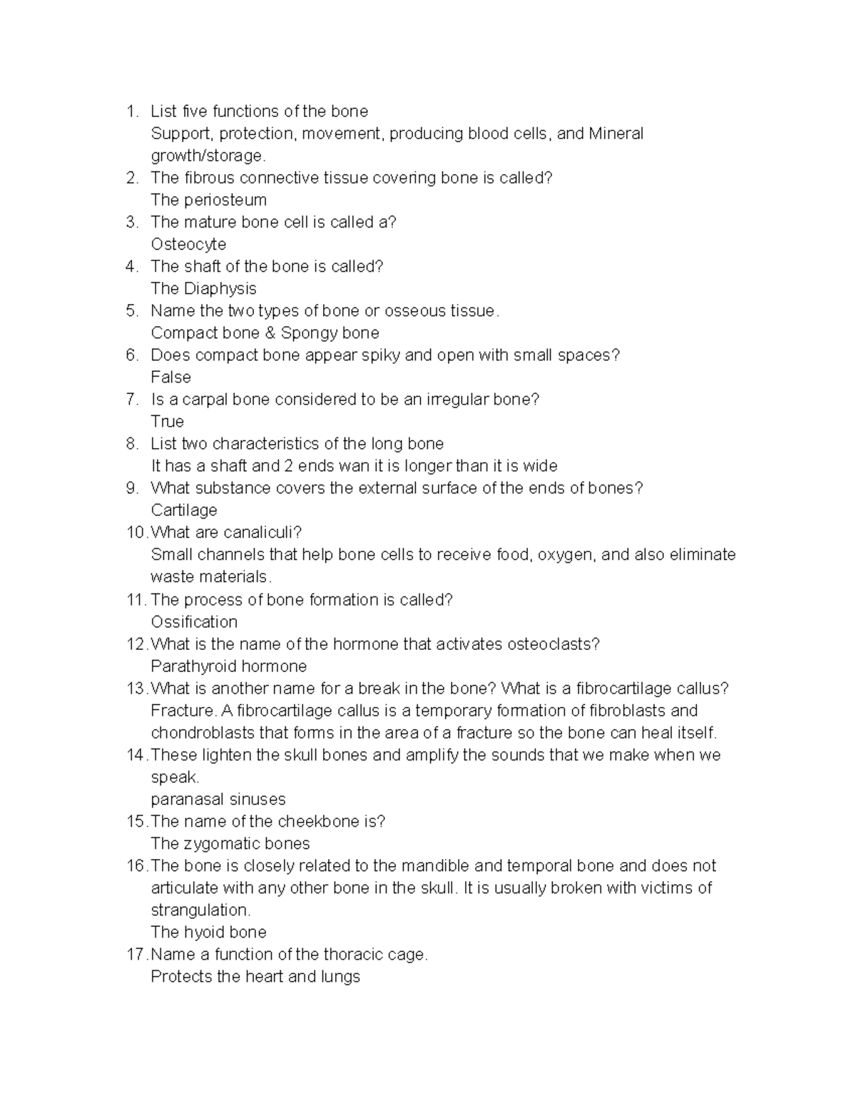 Chapter 5 Skeletal System Worksheet - List five functions of the bone Support, protection ...