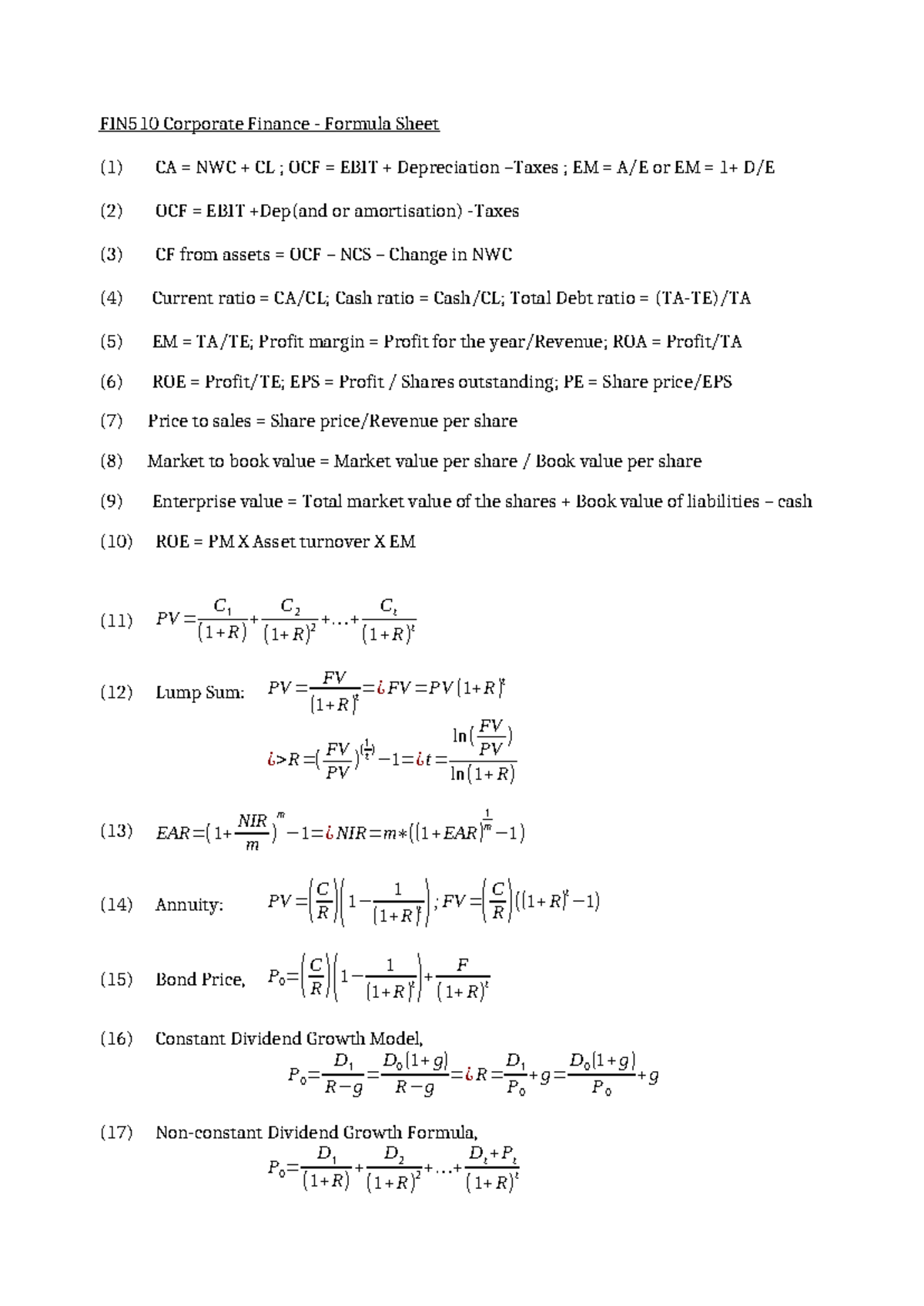 Corporate Finance Formula Sheet - FIN510 Corporate Finance - Formula ...