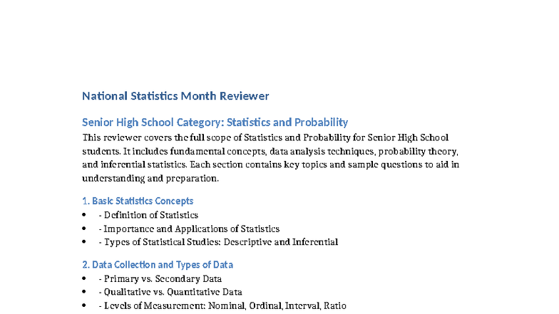 National Statistics Month Reviewer: Senior High School Stats & Prob ...