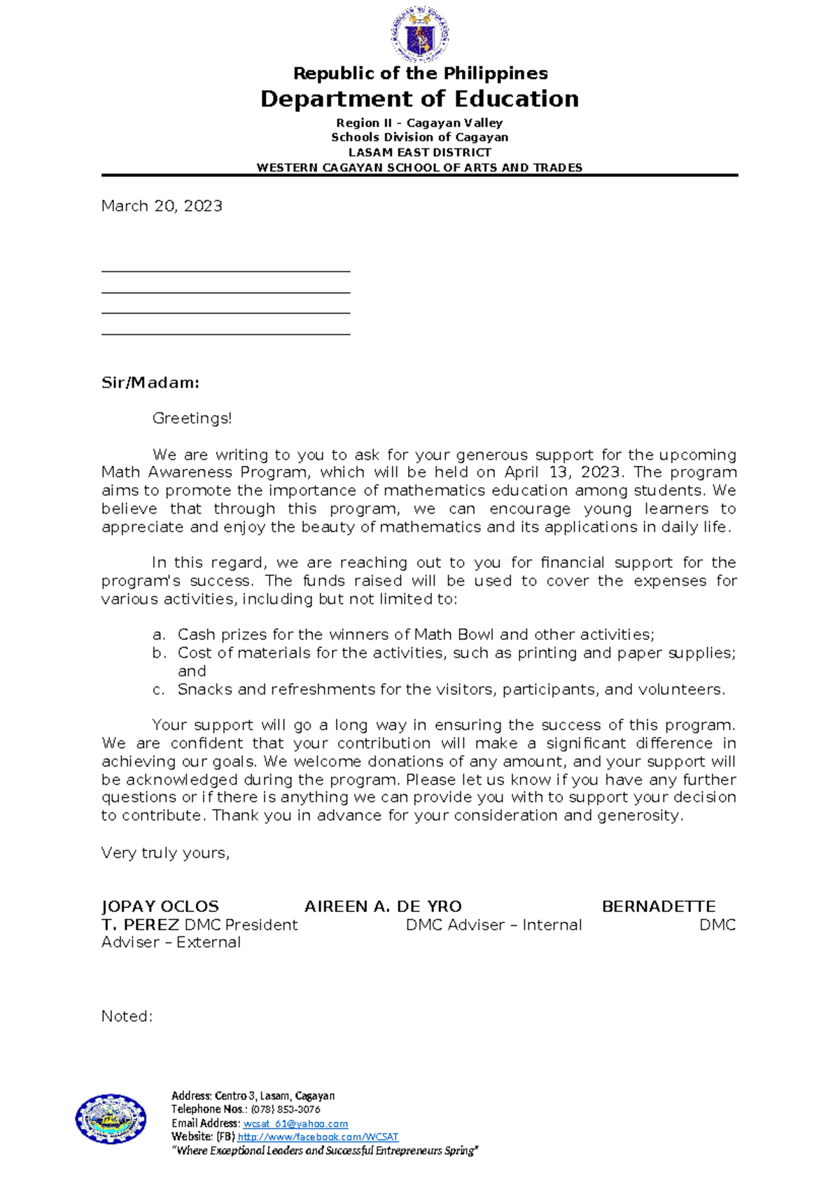 Solicitation Letter DMC Math Awareness - Republic of the Philippines ...