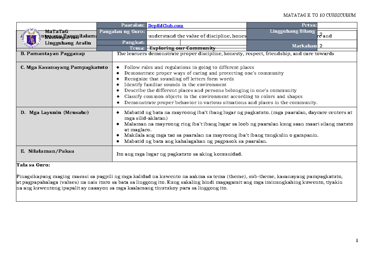 MATATAG K TO 10 CURRICULUM DLL Kindergarten Q2 W2: Detailed Lesson Log ...
