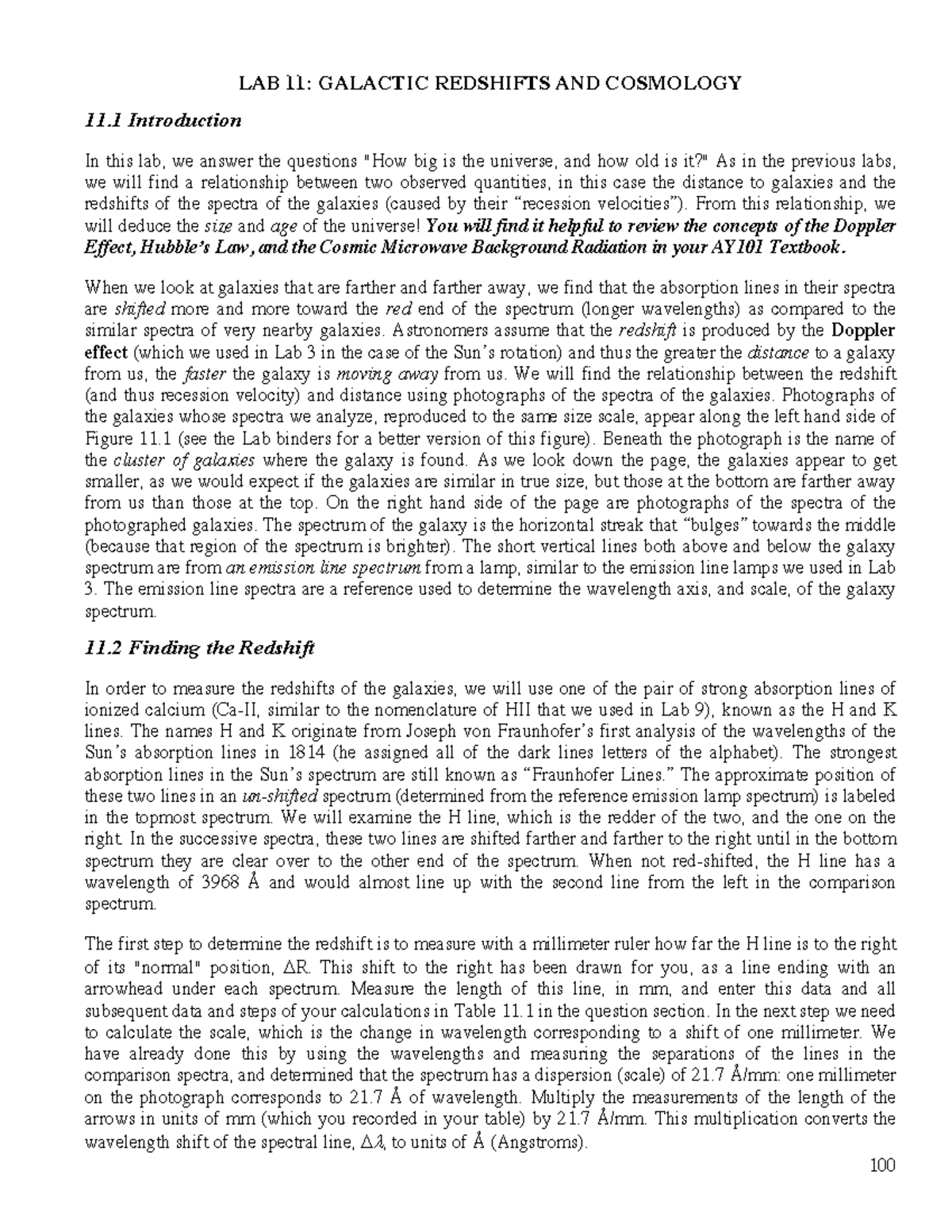 Lab 11: Galactic Redshifts & Cosmology - AY 102 Manual - Studocu