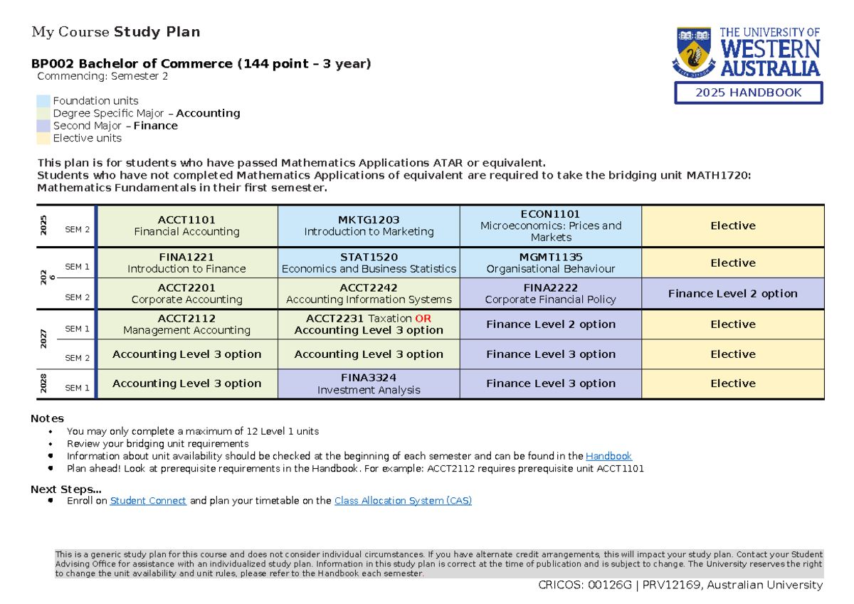 BP002 Bachelor of Commerce Study Plan: Accounting & Finance - Studocu