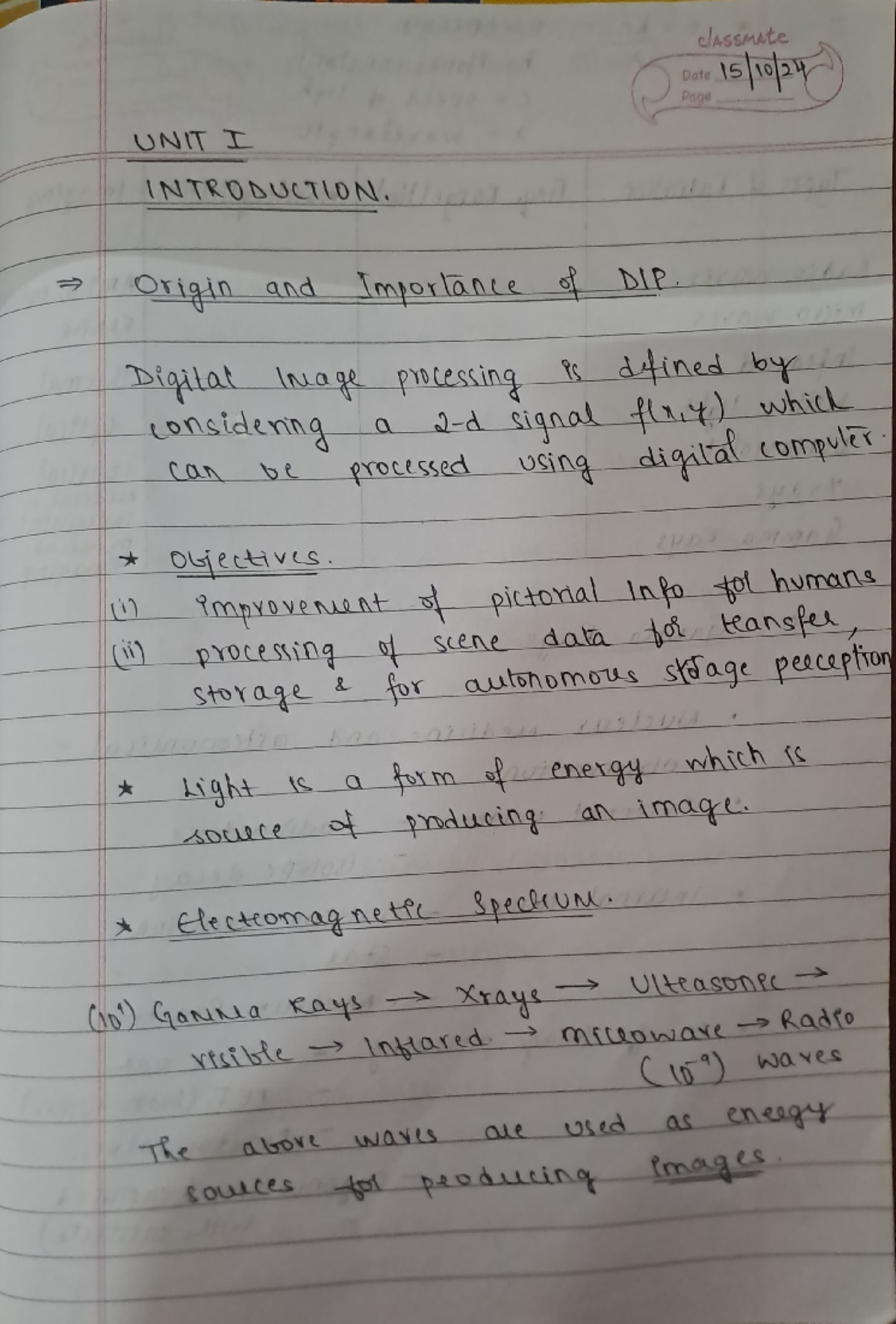 Dip Unit 1 Notes Of Introduction To Digital Image Processing