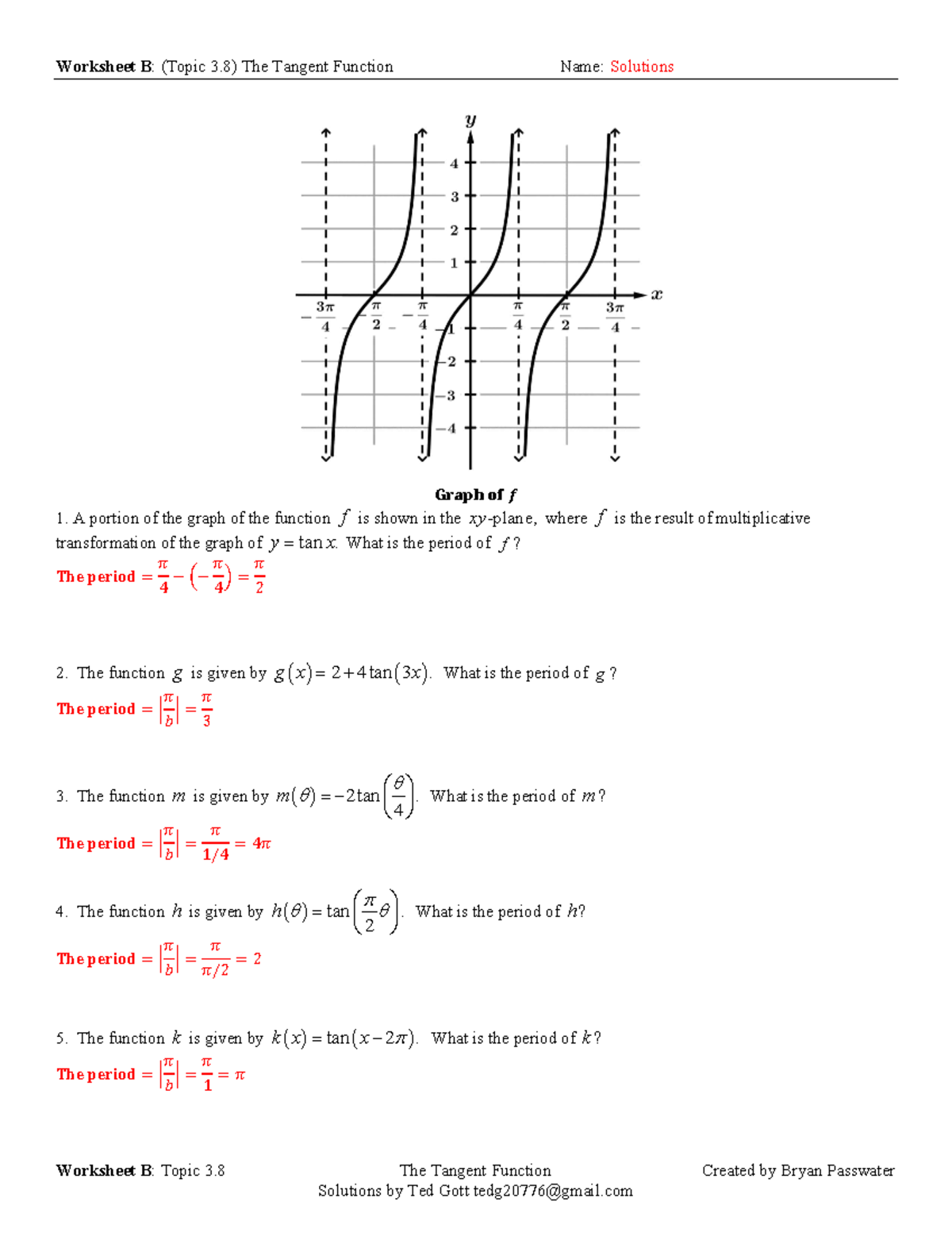 3.8b - Periods and Asymptotes of the Tangent Function (Worksheet B ...