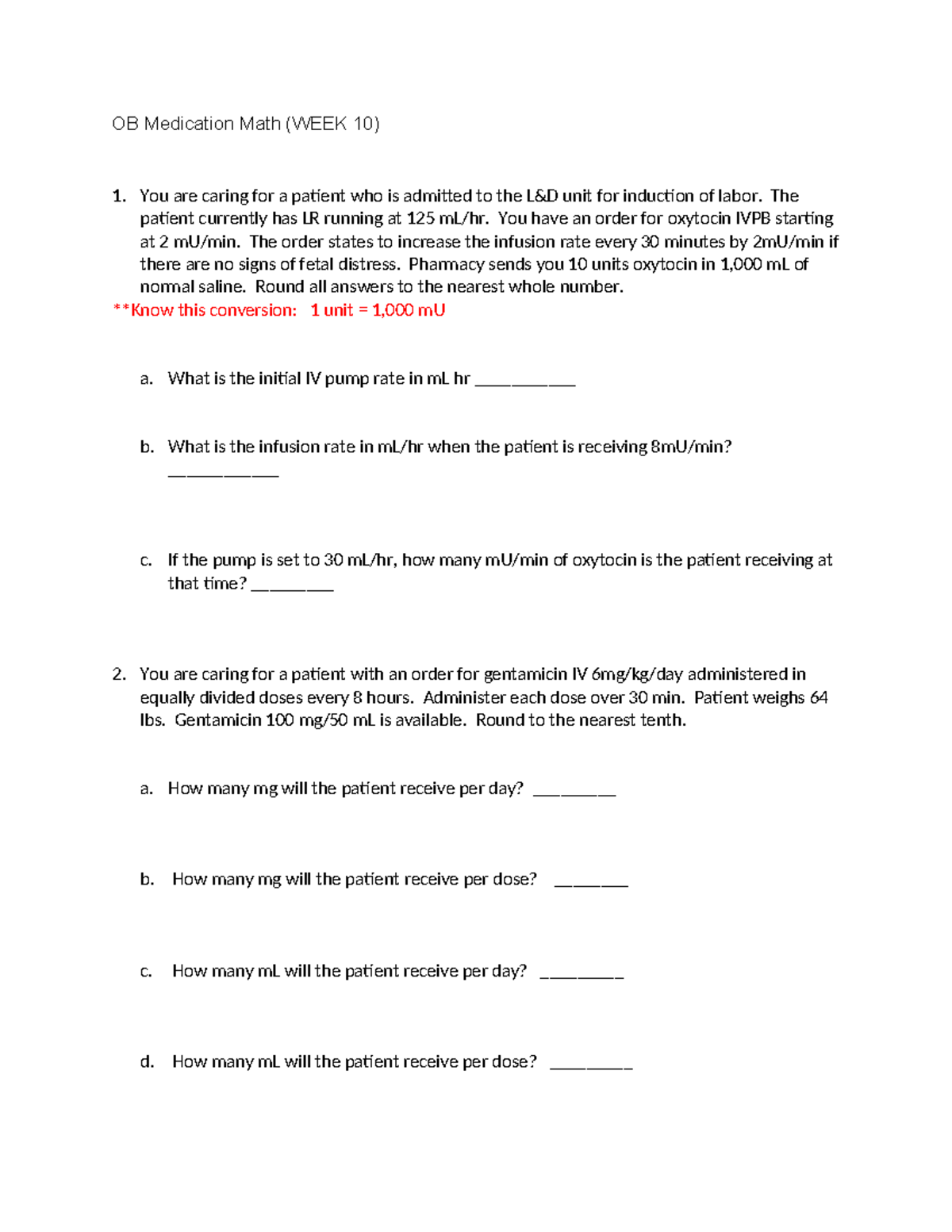 OB Medication Math - Week 10 Calculations for Labor & Delivery Care ...