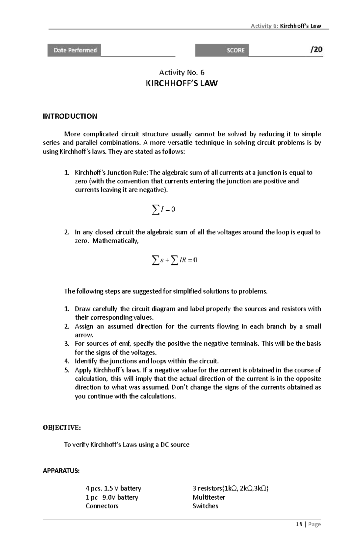 Kirchhoff's Law Activity 6: Circuit Analysis and Measurements - Studocu