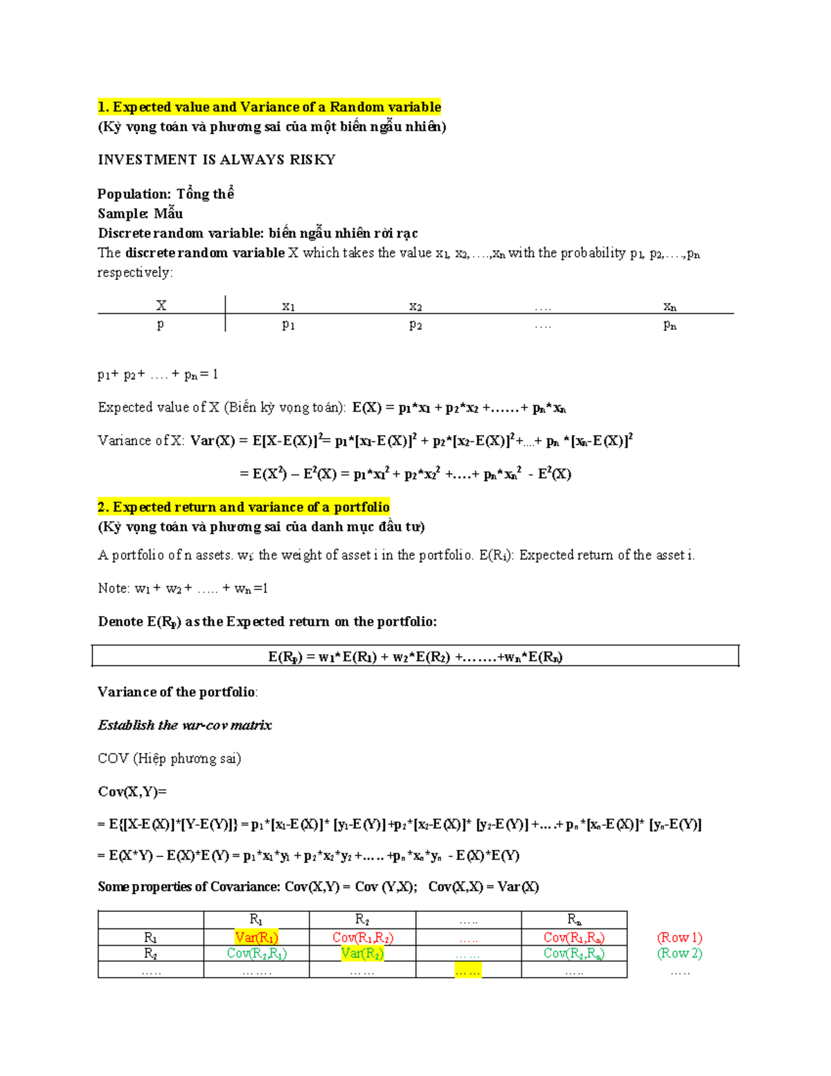 Statistics and Probability: Expected Value, Variance, and Portfolio Analysis - Studocu