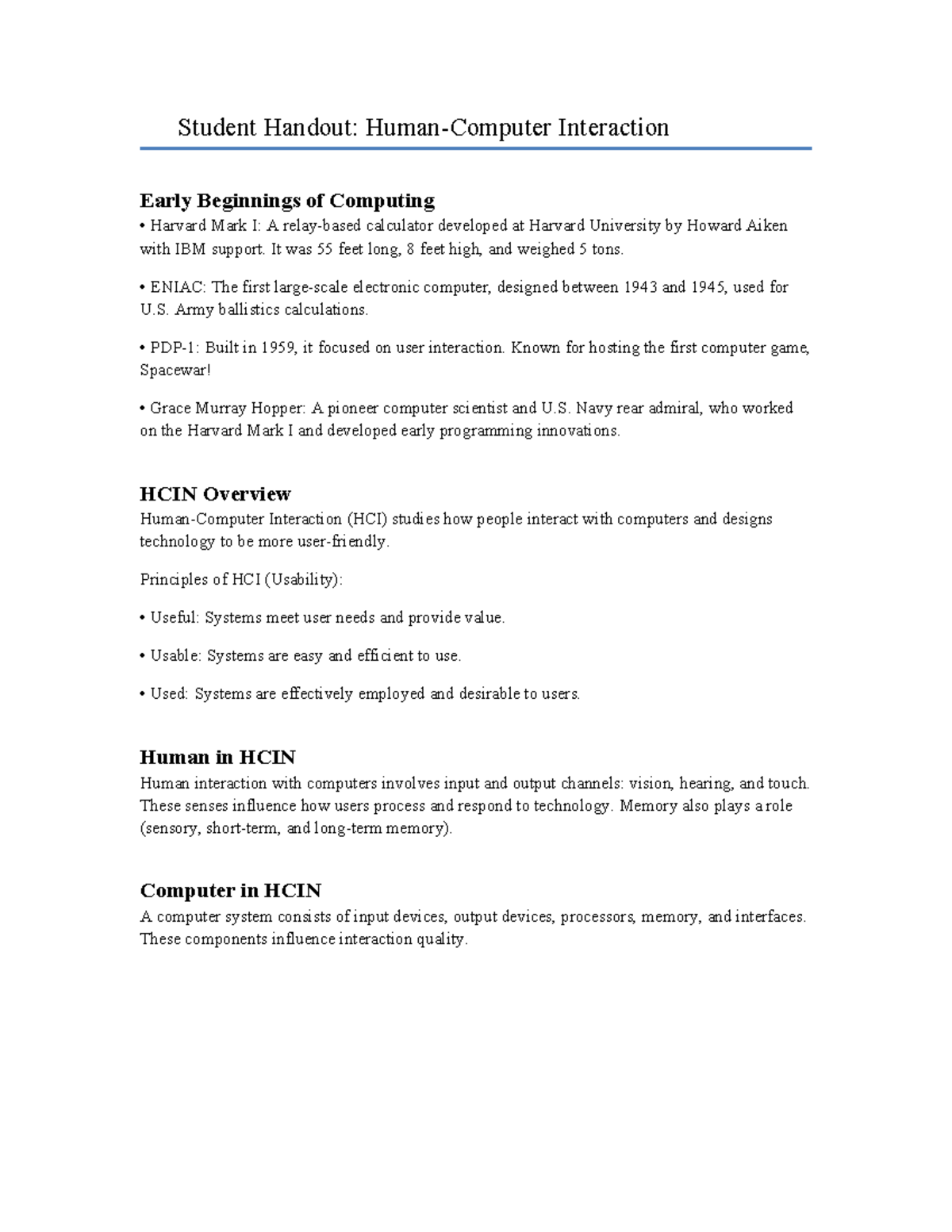 HCIN311 Student Handout: Week 2 - Early Computing Interactions - Studocu